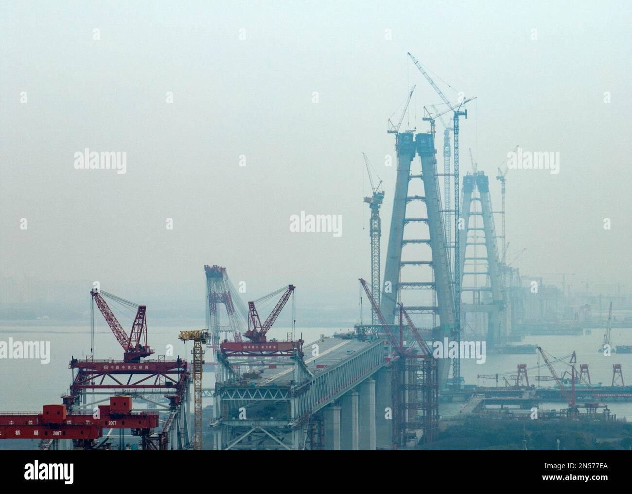 Aerial photo shows Changtai Yangtze River Bridge is under construction ...