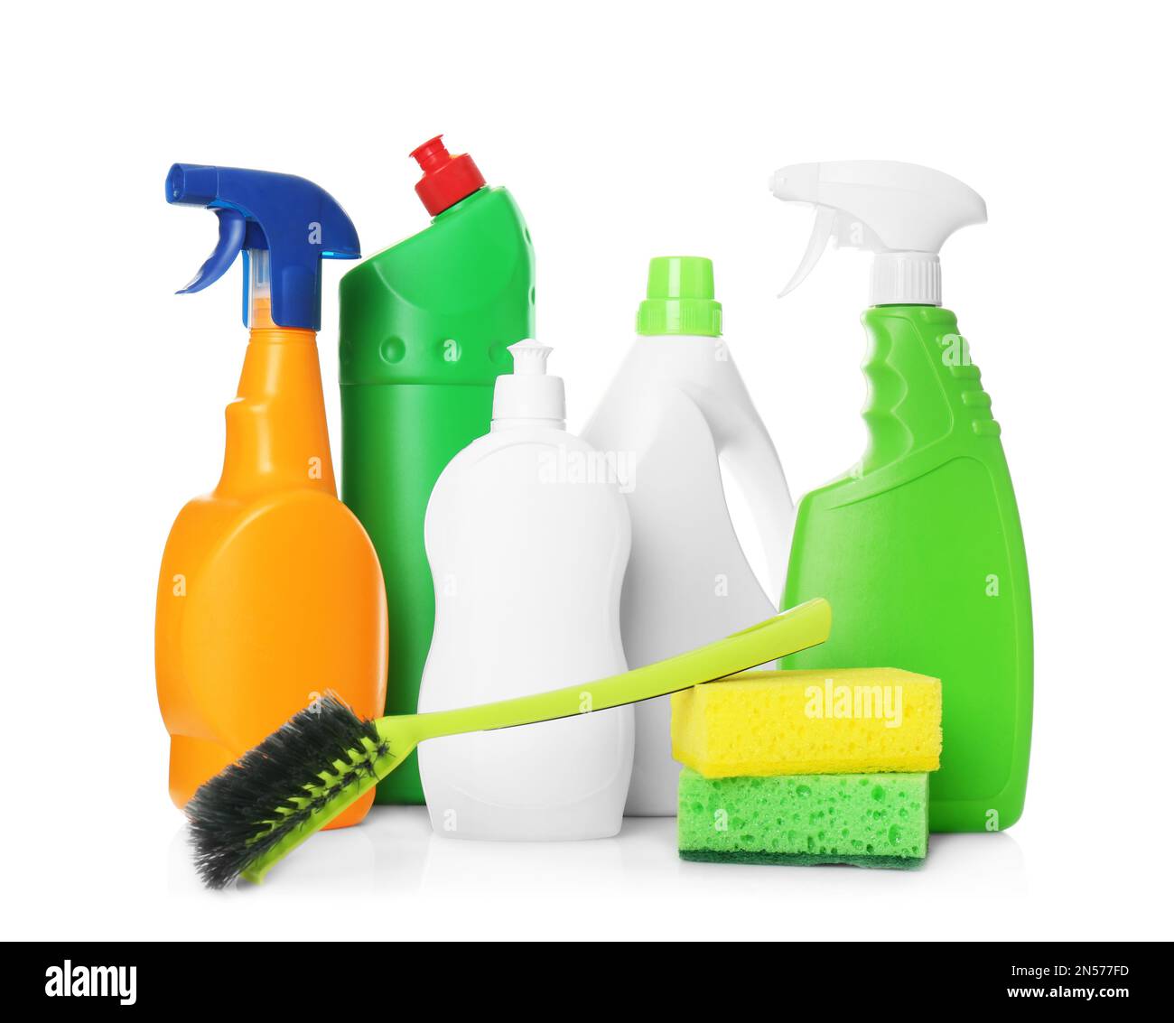 Different cleaning products and tools on white background Stock Photo ...