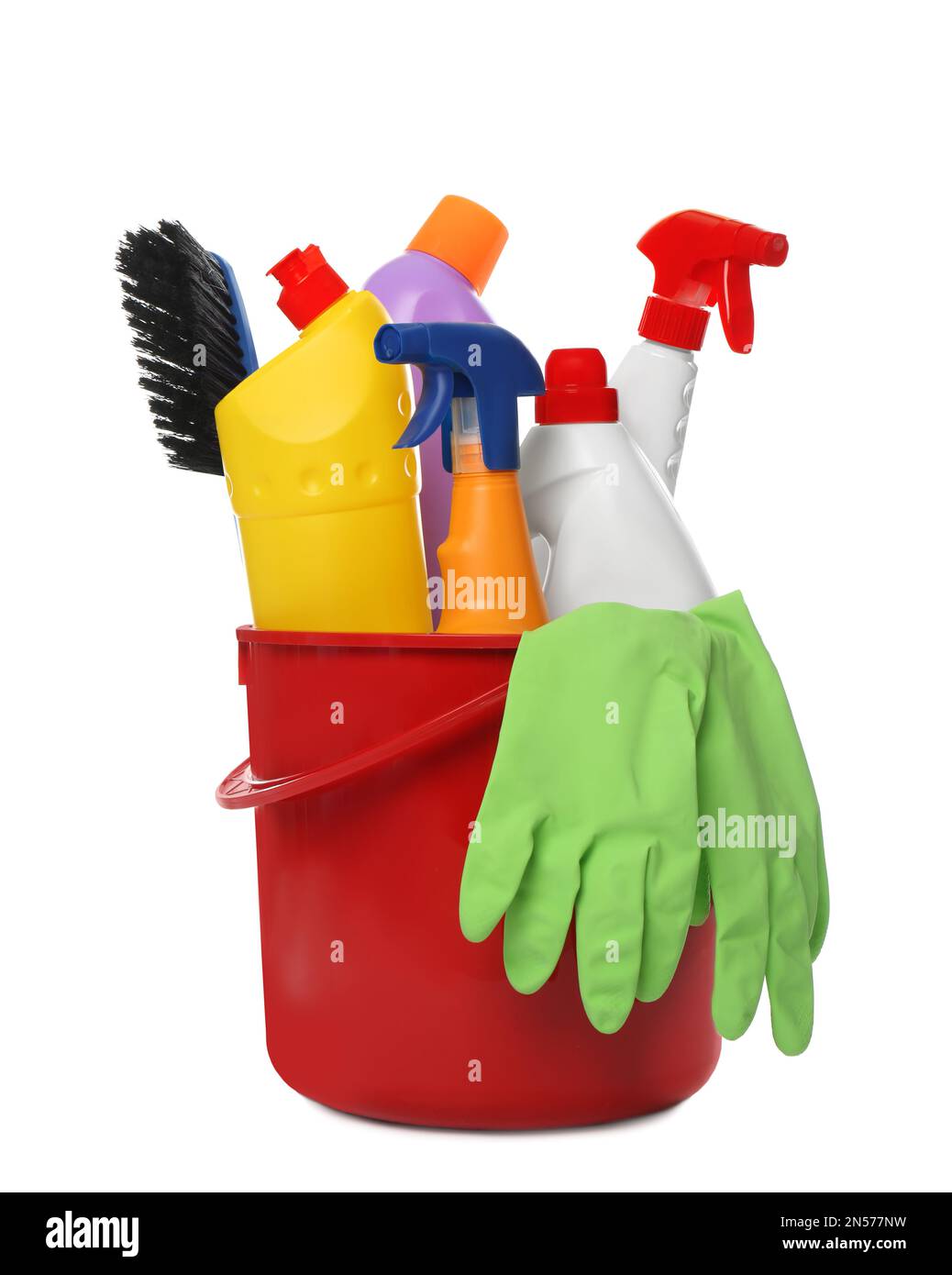 Bucket with different cleaning products and tools on white background ...