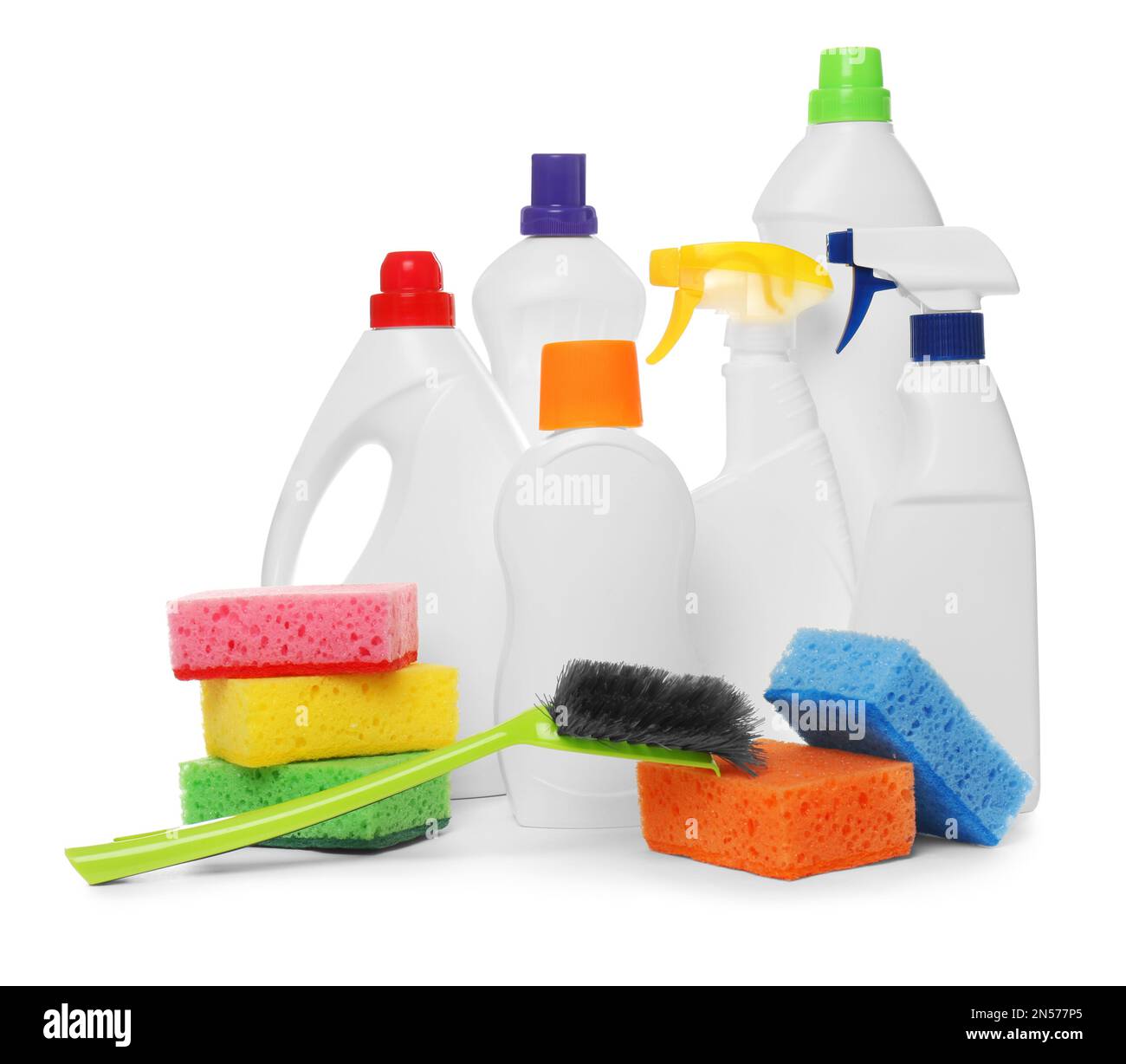 Different cleaning products and tools on white background Stock Photo ...