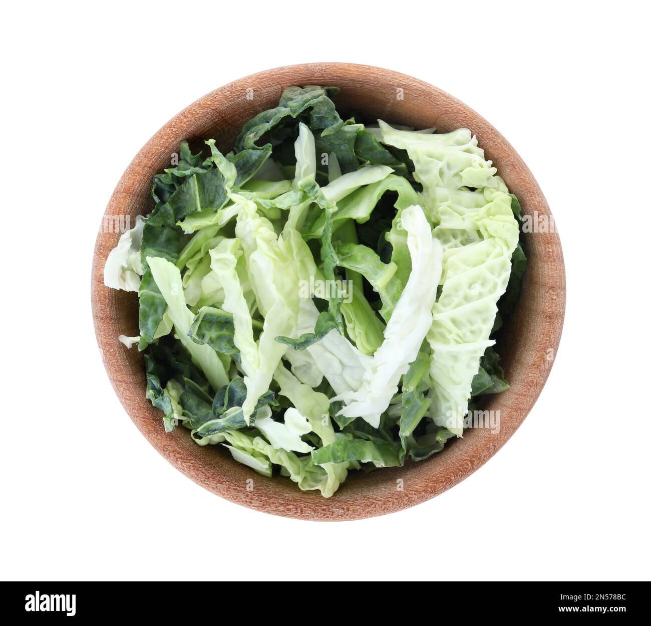 Shredded savoy cabbage in bowl isolated on white, top view Stock Photo ...