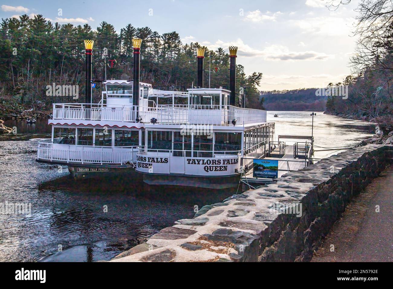 Taylors Falls Princess and Queen riverboats at dock on the Dalles of the St. Croix River at ...
