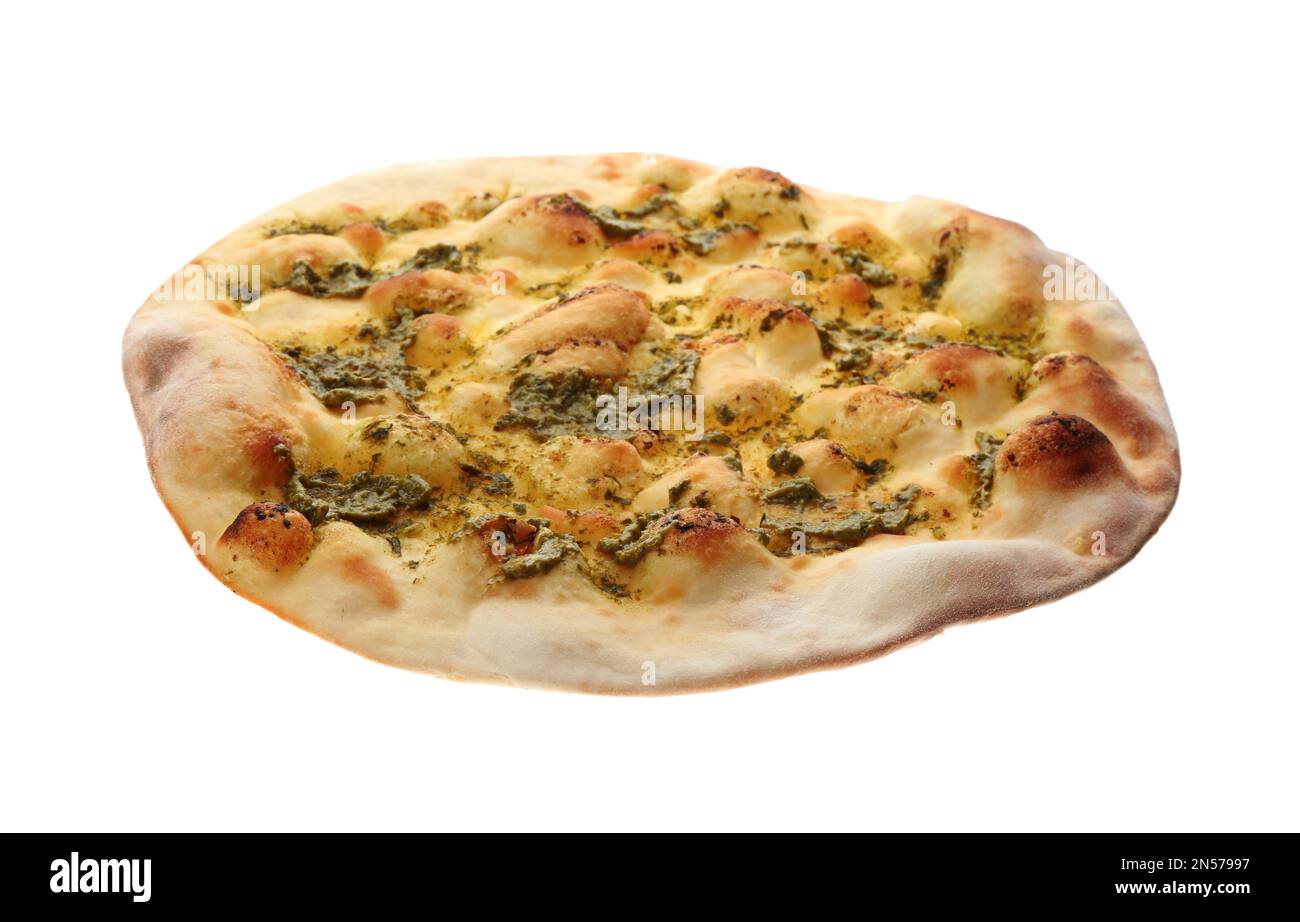 Traditional Italian focaccia bread with pesto isolated on white Stock ...