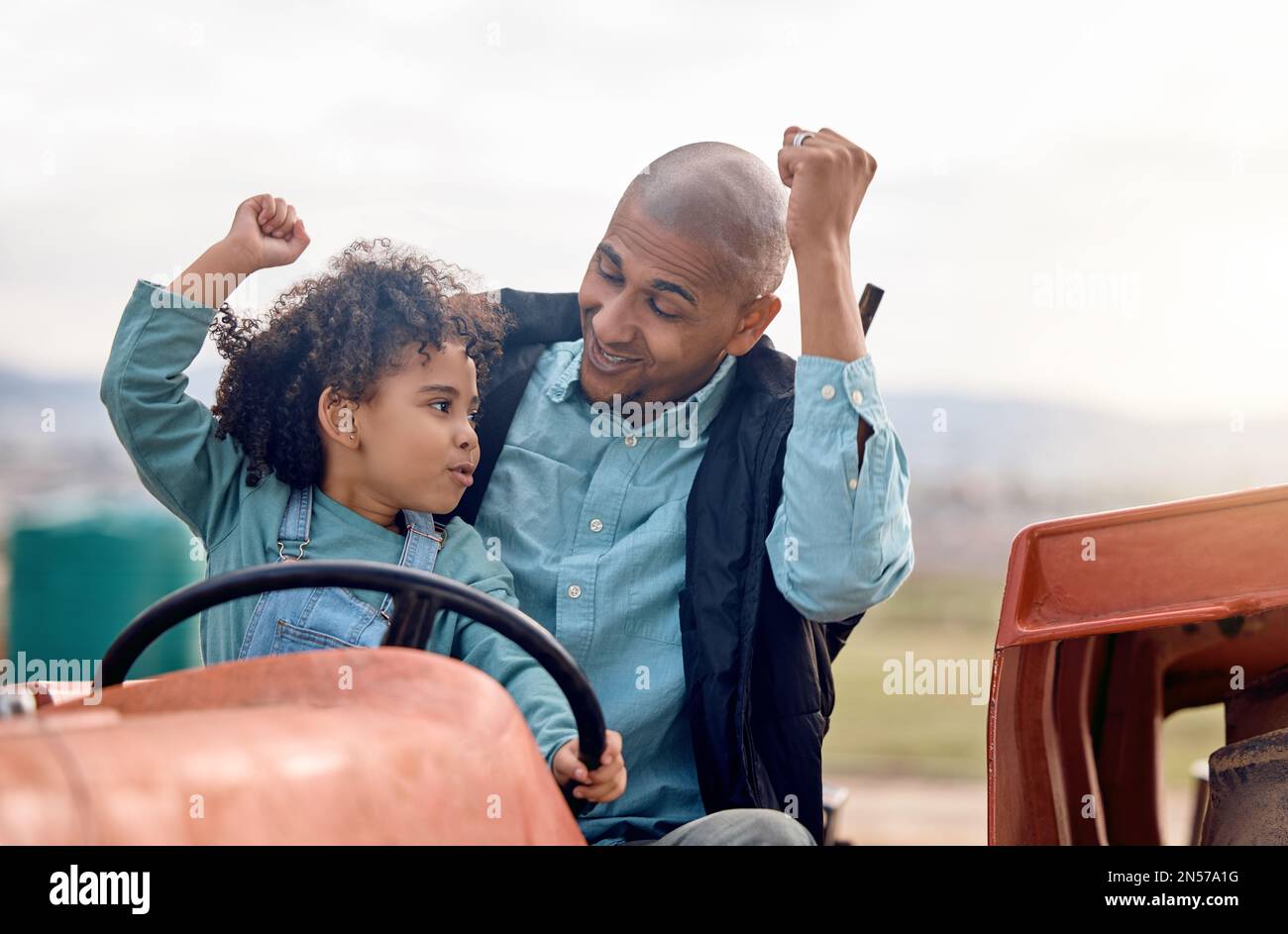 Farming, dad and child celebration of farm and countryside work on a ...