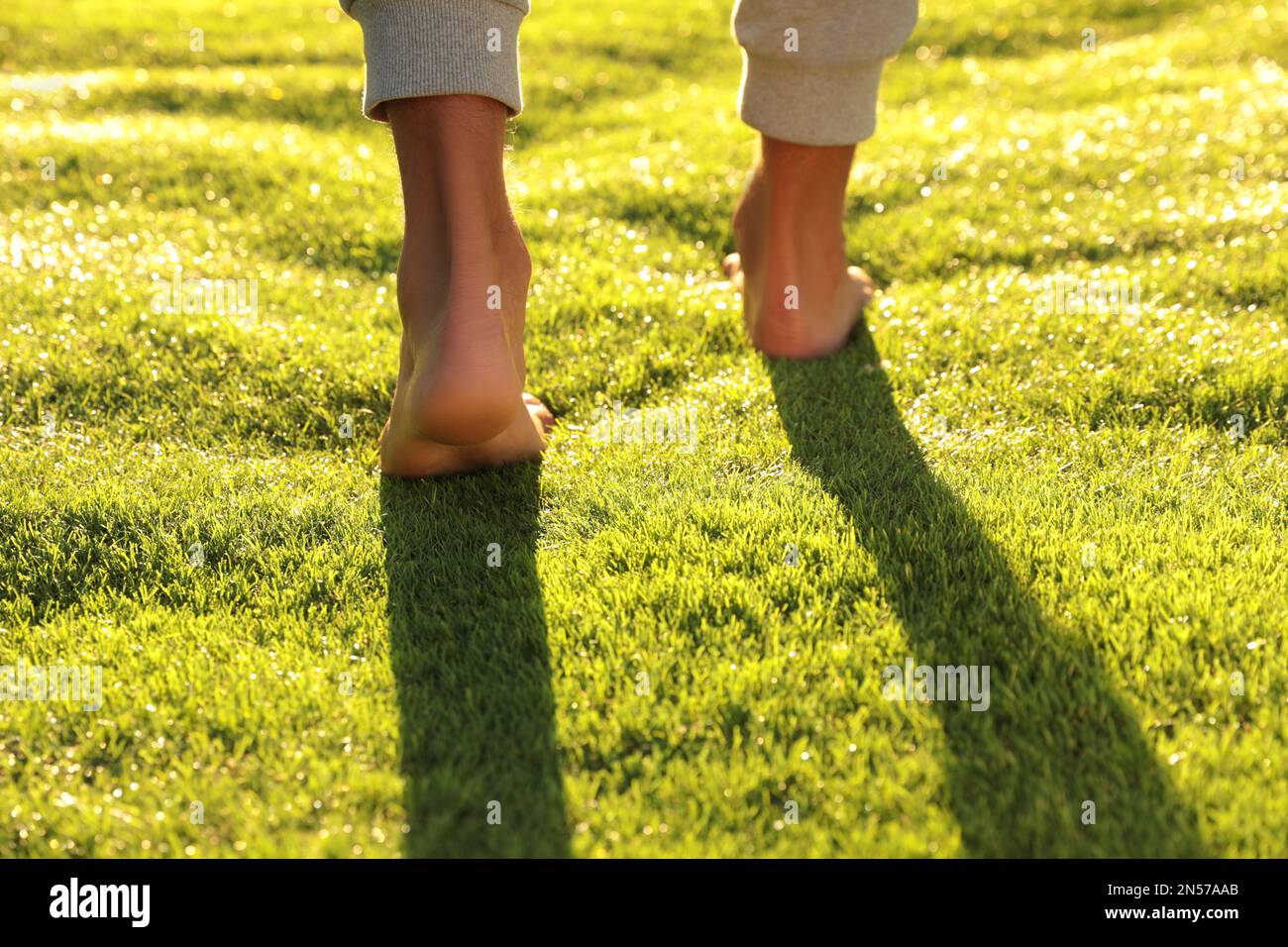 Man walking barefoot on fresh green grass, closeup Stock Photo - Alamy