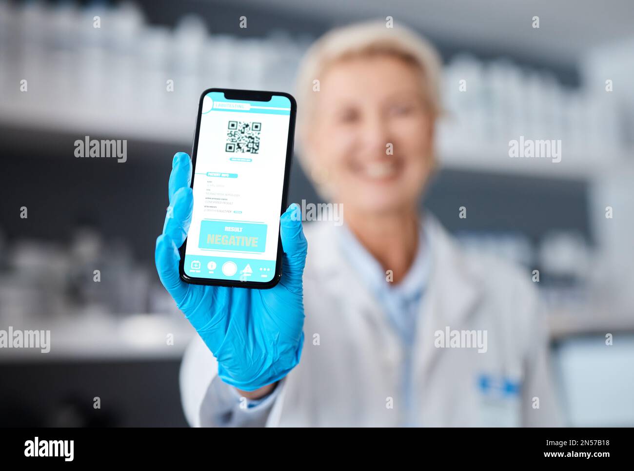 Phone, screen and doctor woman with QR code for drugs test results ...