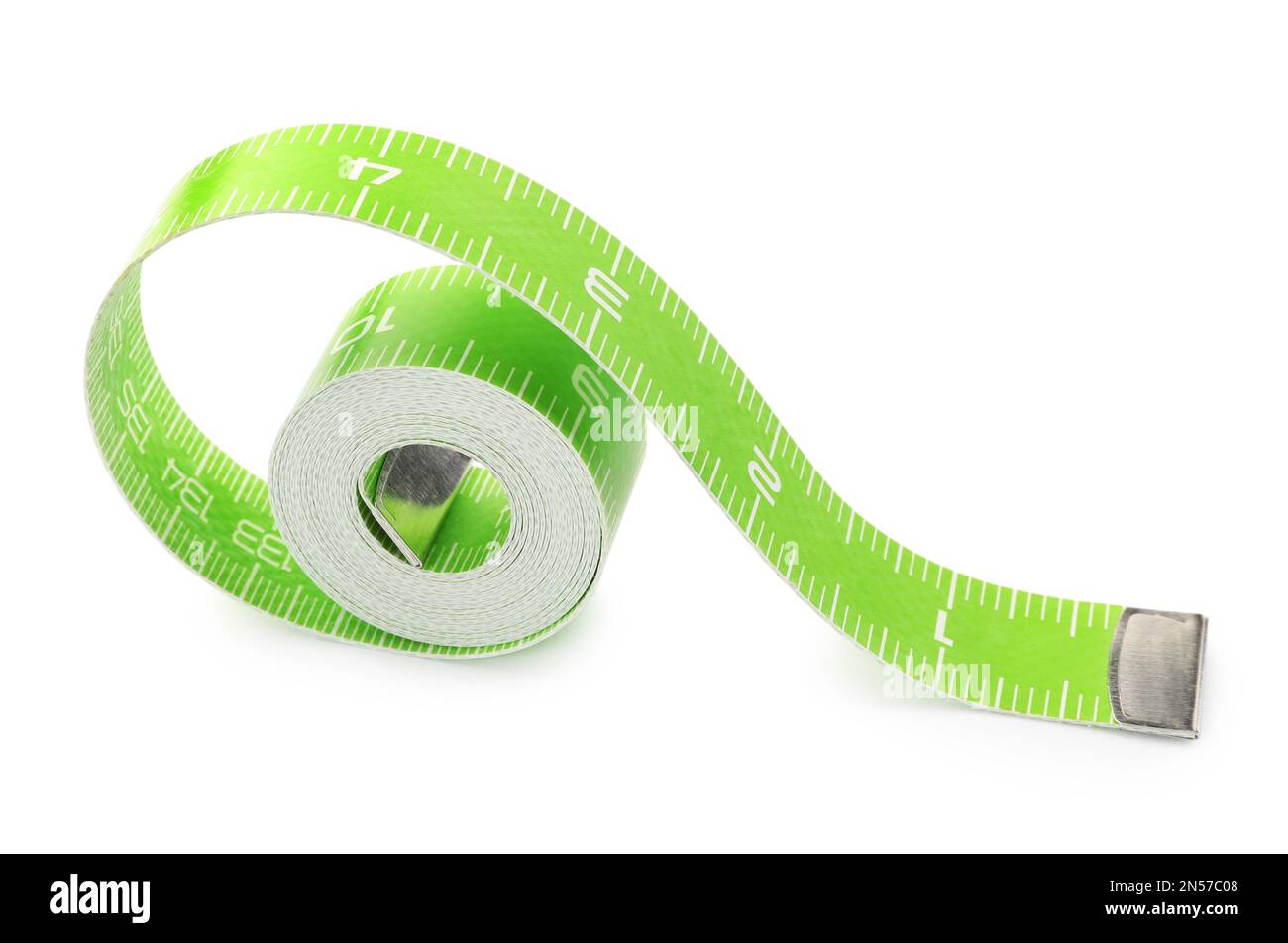 Long green measuring tape isolated on white Stock Photo - Alamy