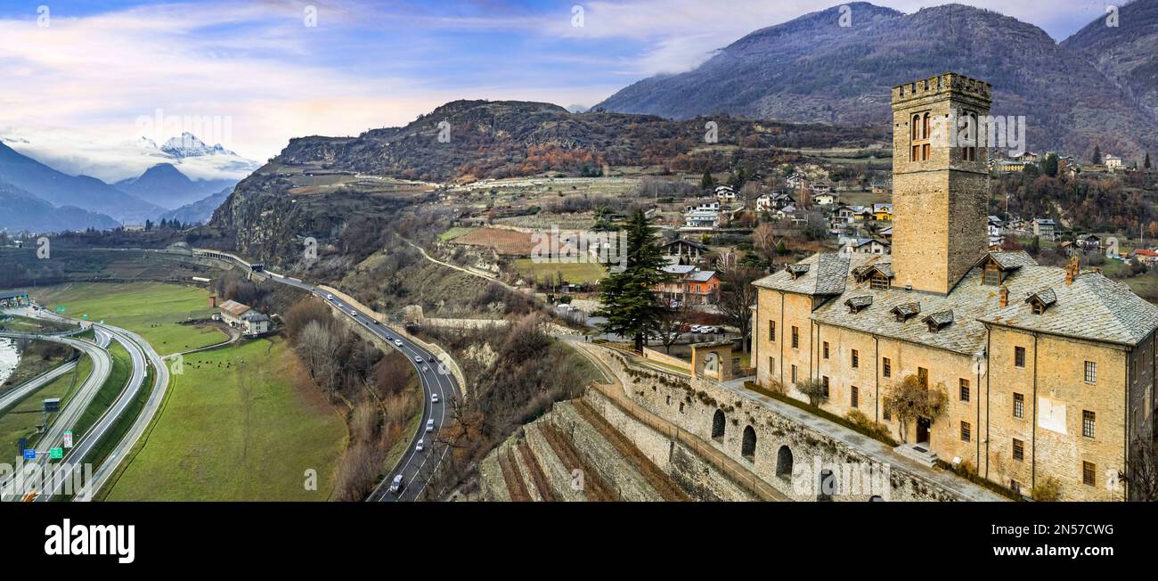 Italy, Valle d'Aosta region famous with medieval historic castles ...