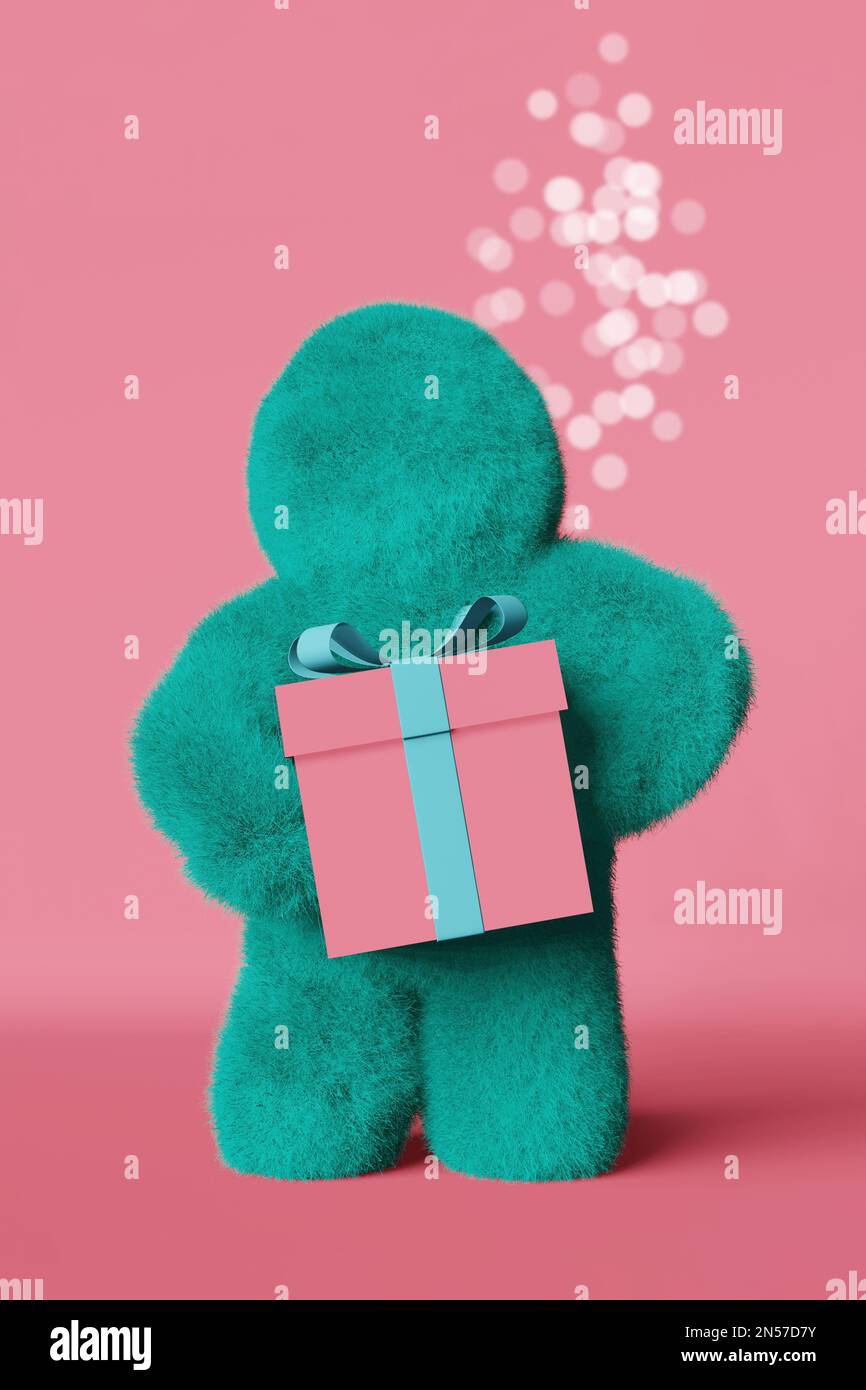 Cute plush rainbow Yeti with gift box 3d rendering hairy character pink ...
