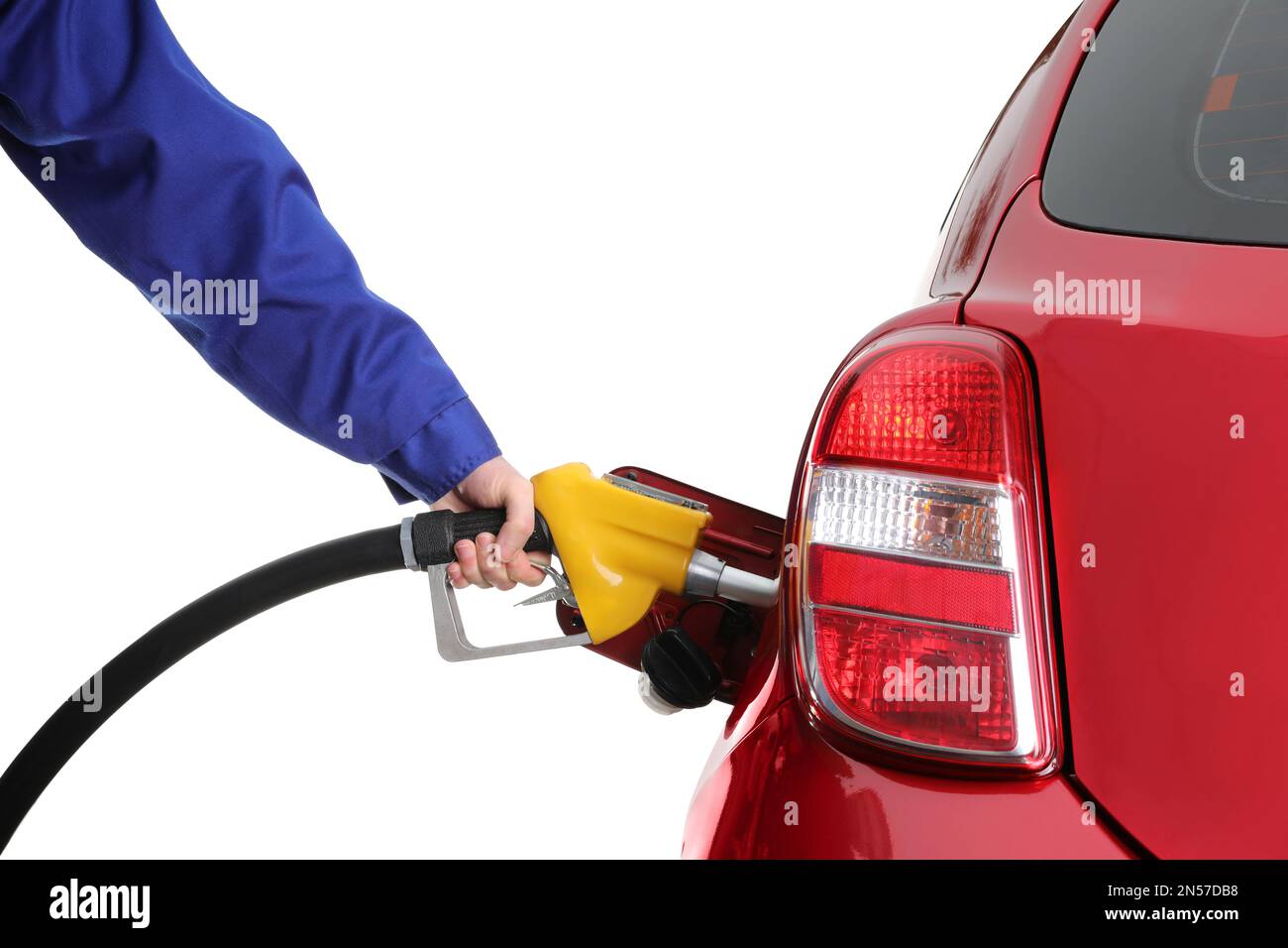 Worker filling up car with fuel on white background, closeup. Gas ...