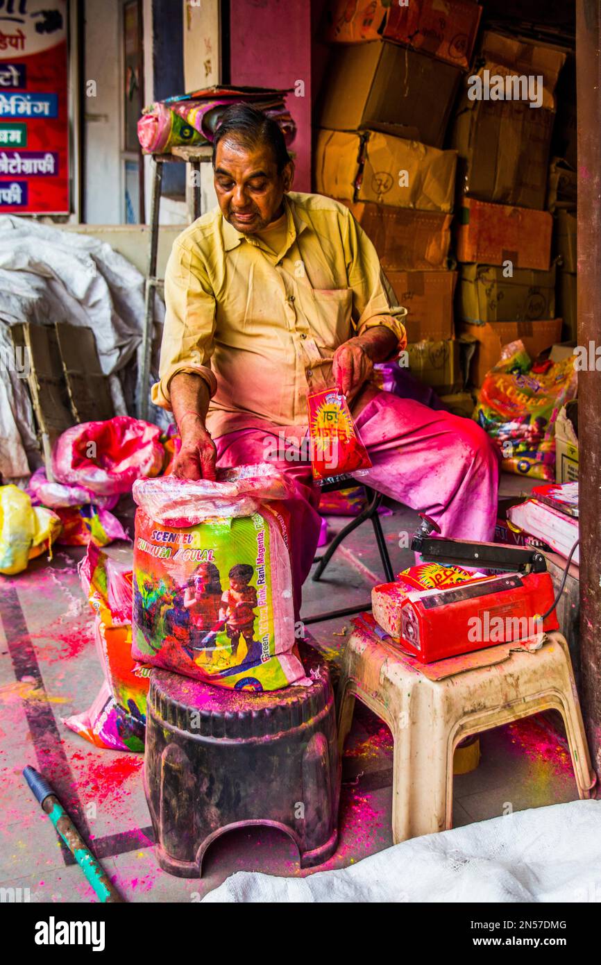 Packing the colour powder for Holi festival, colourful markets and ...
