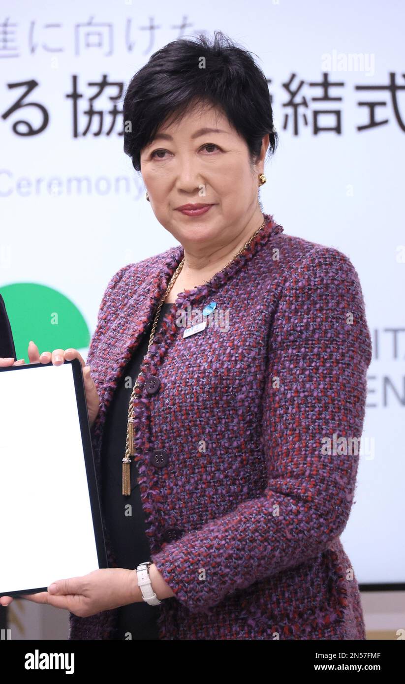 Tokyo, Japan. 9th Feb, 2023. Tokyo Governor Yuriko Koike displays the ...