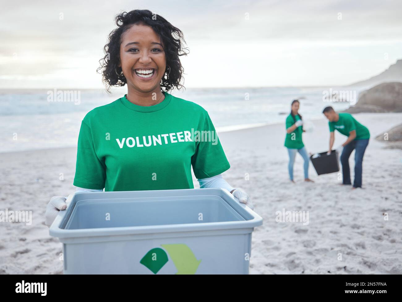 Recycle, smile and portrait of woman at beach for plastic, environment ...