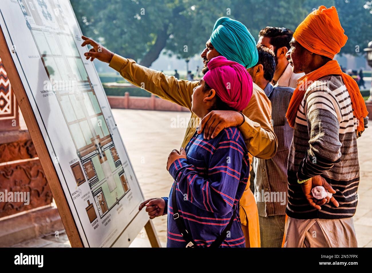 Sikhs at the red sandstone entrance gate, Taj Mahal, famous building of ...