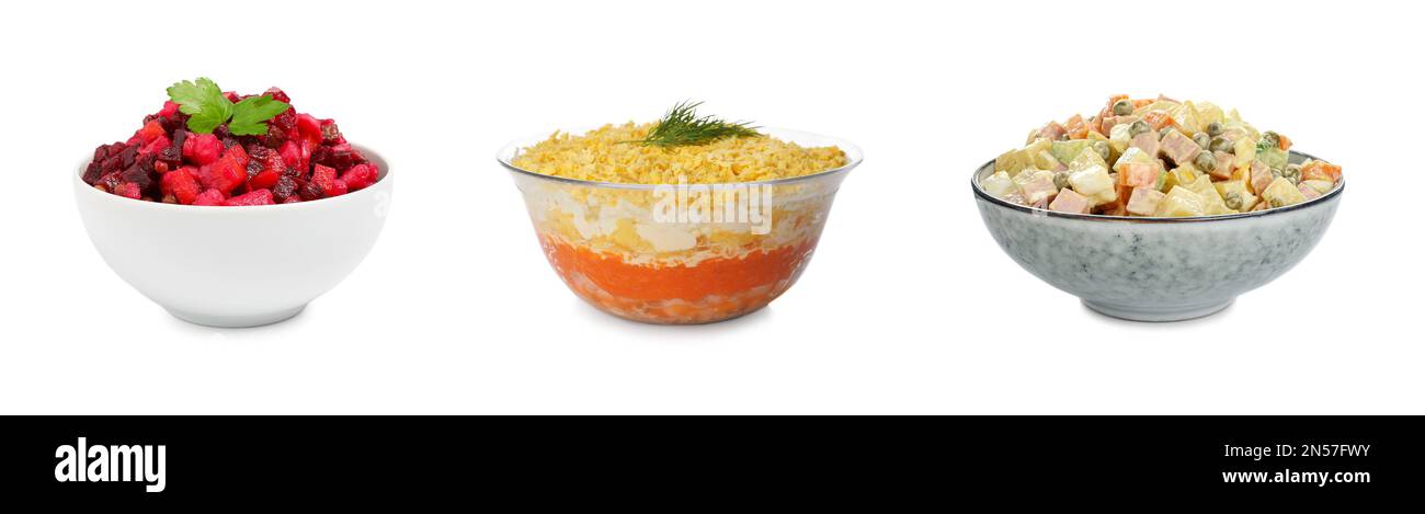 Set of traditional russian salads on white background. Banner design ...