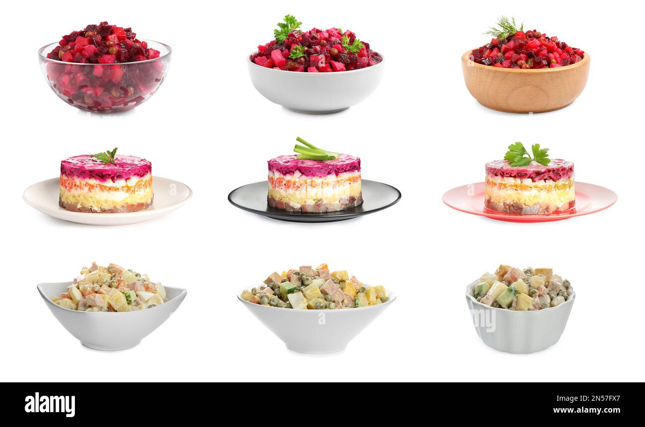 Set of traditional russian salads on white background Stock Photo - Alamy