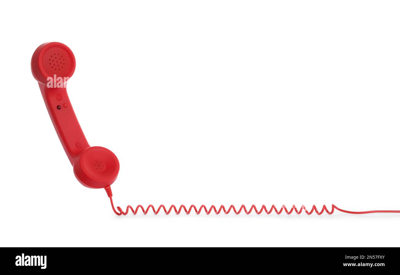 Red corded telephone handset on white background. Hotline concept Stock ...
