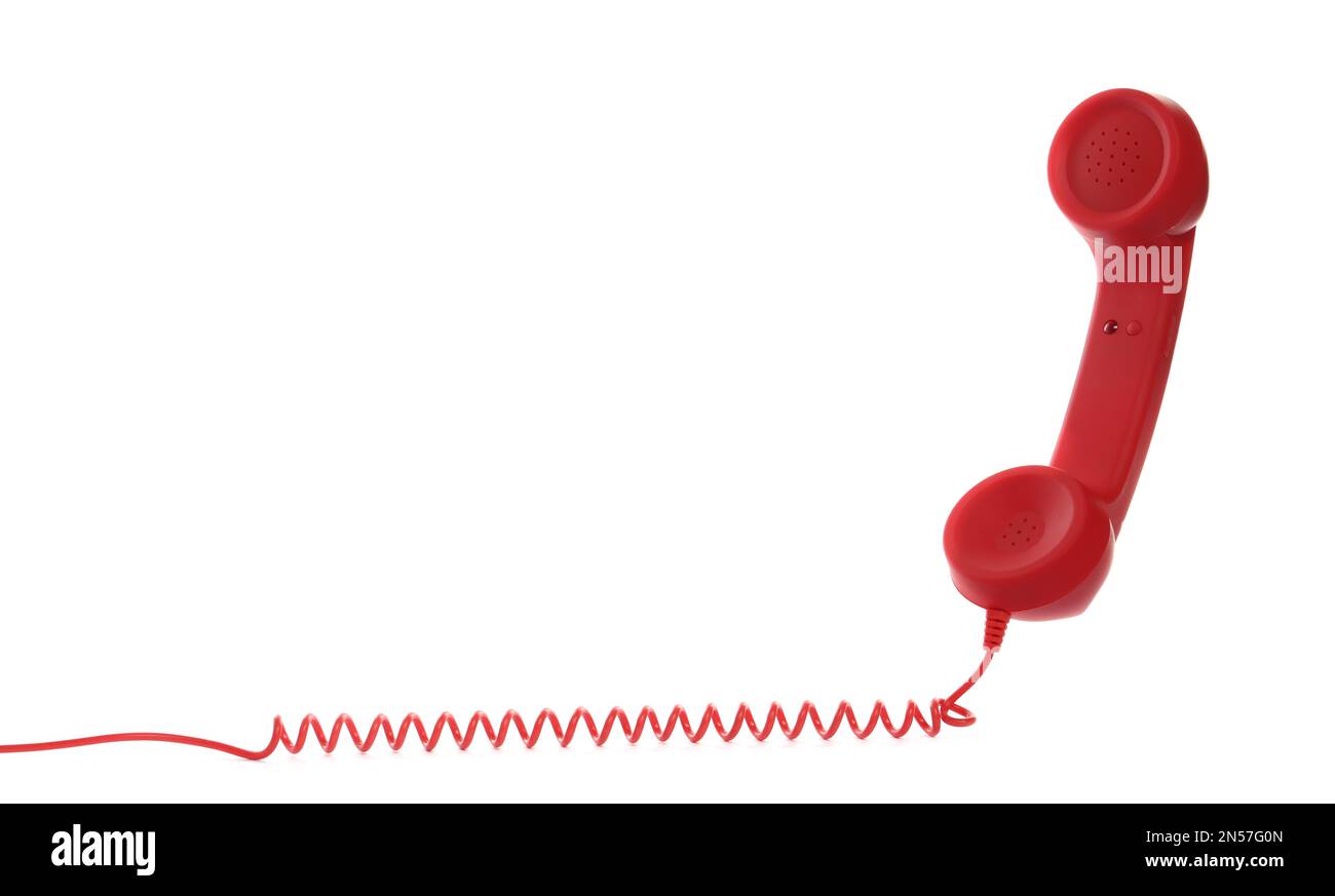 Red corded telephone handset on white background. Hotline concept Stock ...