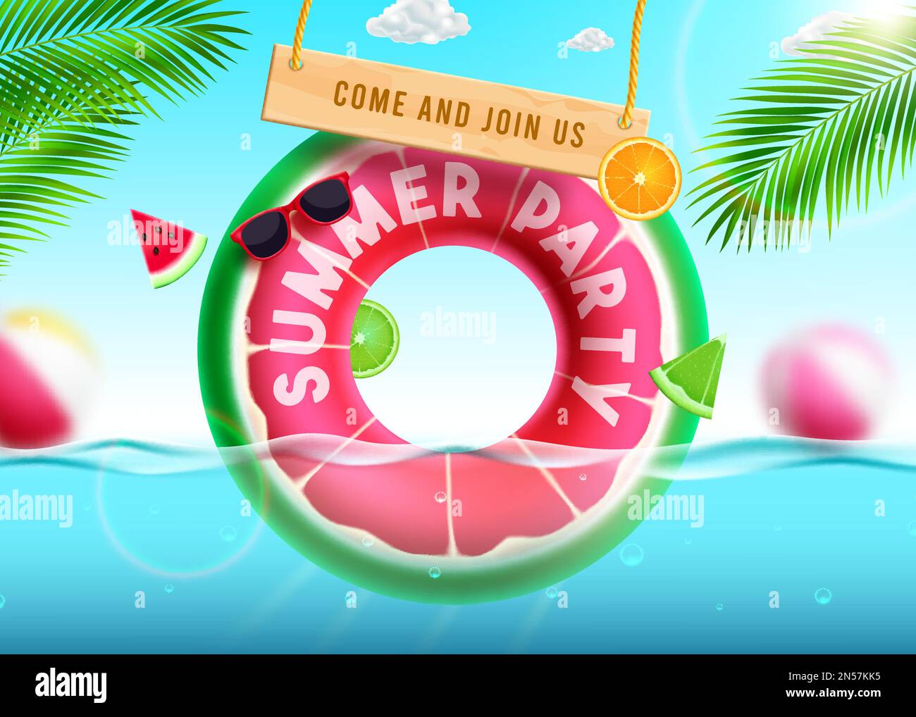 Summer party vector design. Summer party text in watermelon floater ...