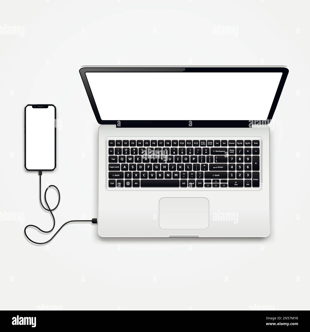 Smartphone connected with charge cable to laptop. Vector illustration ...