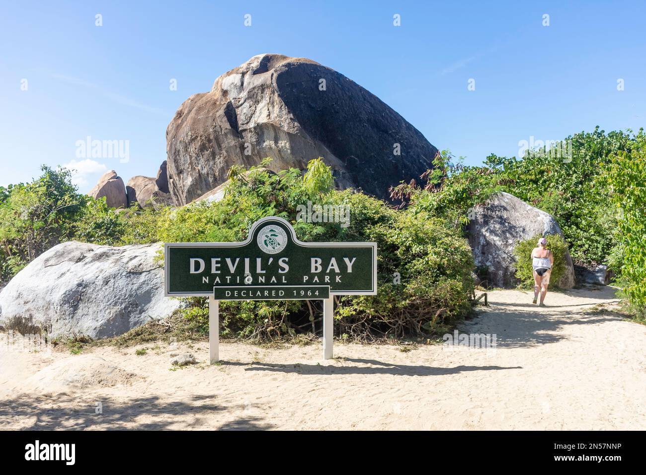 Devil's Bay sign on track at The Baths National Park, Virgin Gorda, The ...