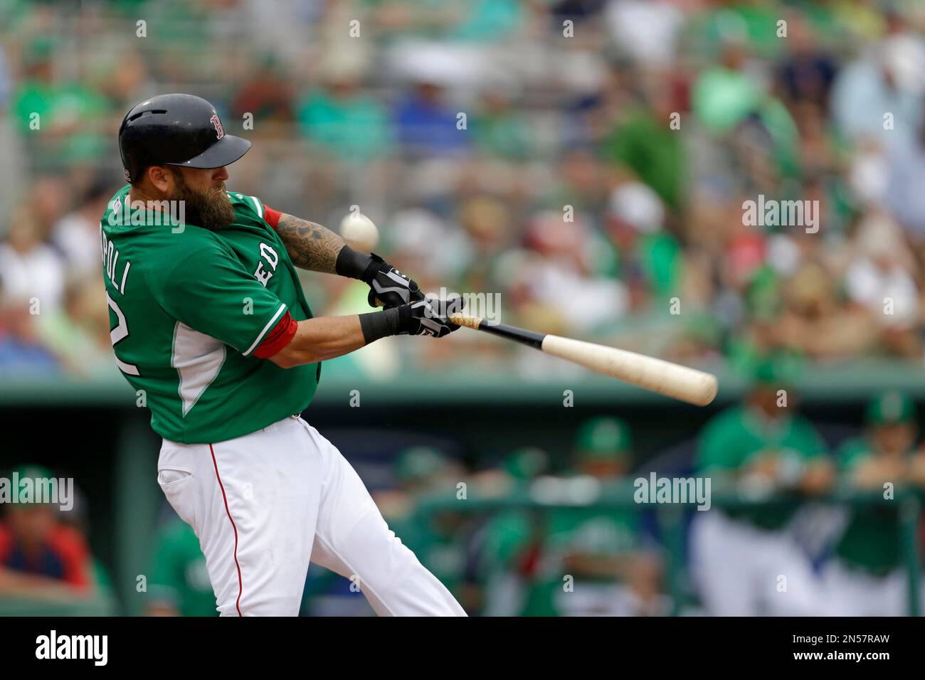 Boston Red Sox first baseman Mike Napoli (12) bats during an exhibition ...