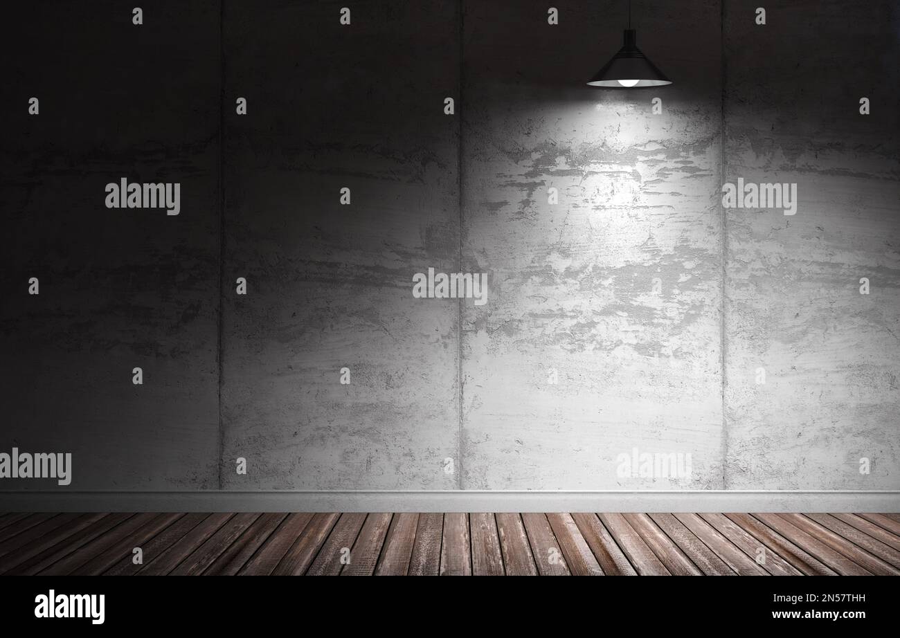 Interior room with dirty concrete cement wall, plinth and wooden floor ...