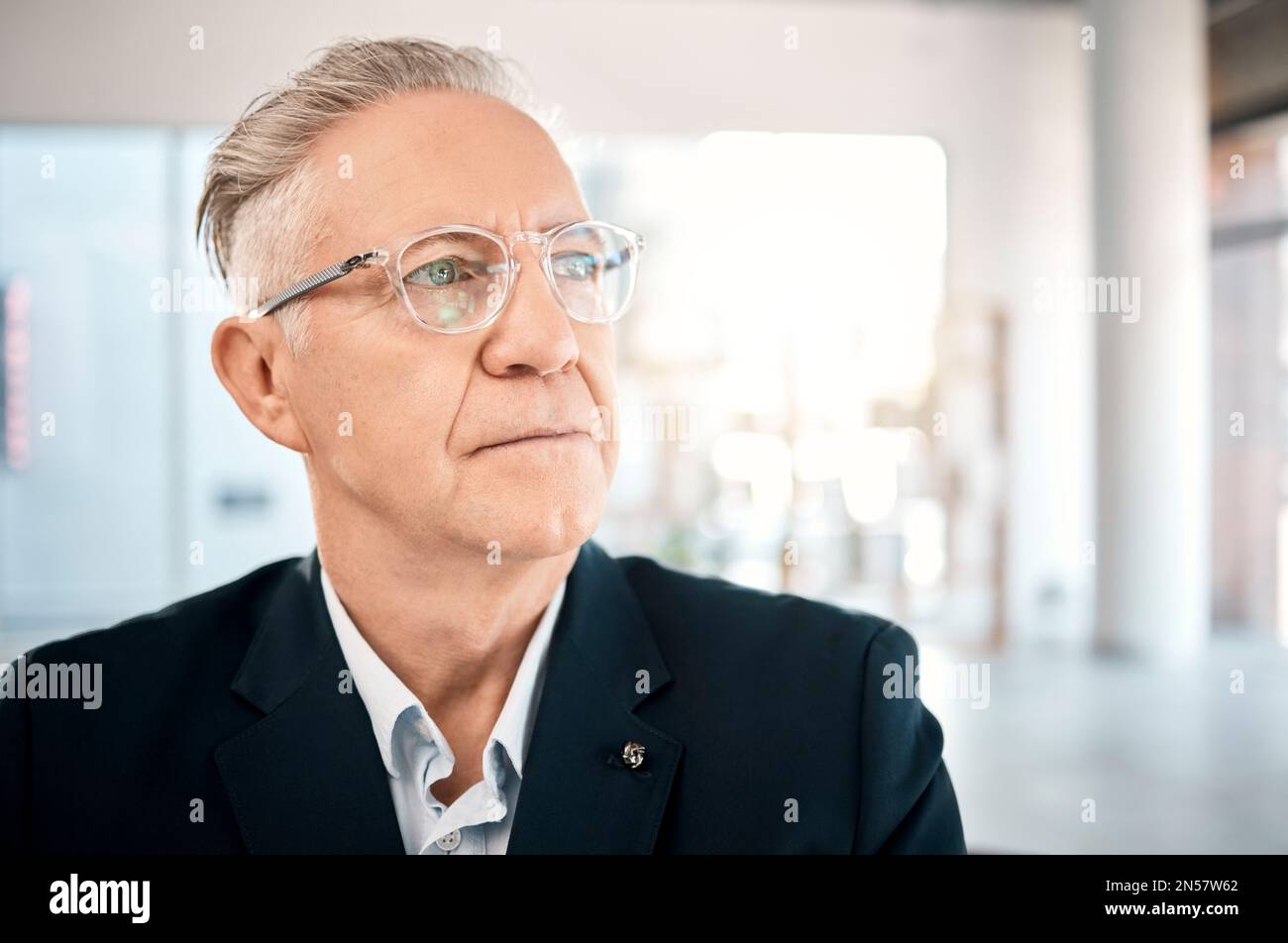 Senior businessman, thinking and vision for corporate idea, strategy or ...