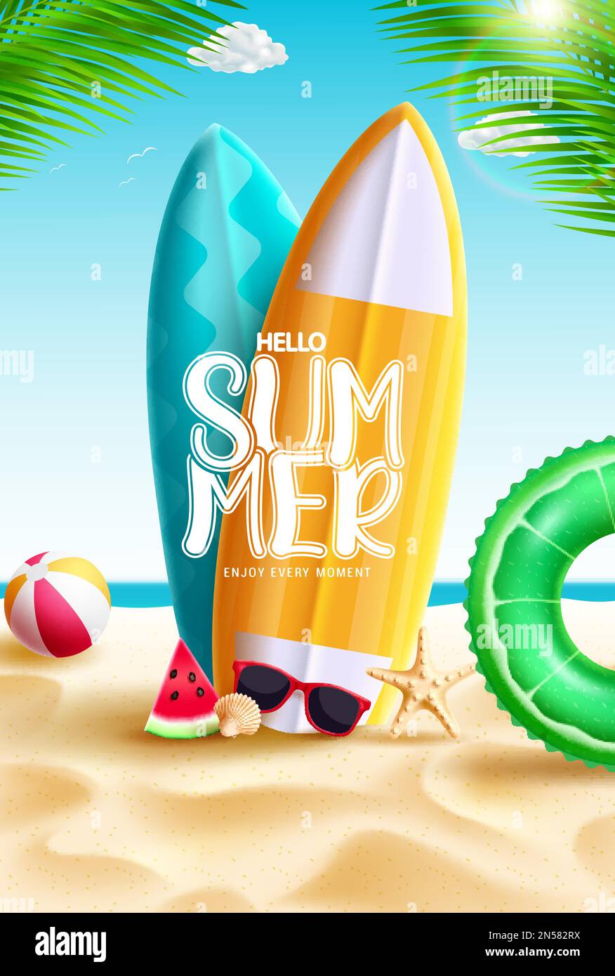 Hello summer vector design. Hello summer text in surfing board element with beach background ...