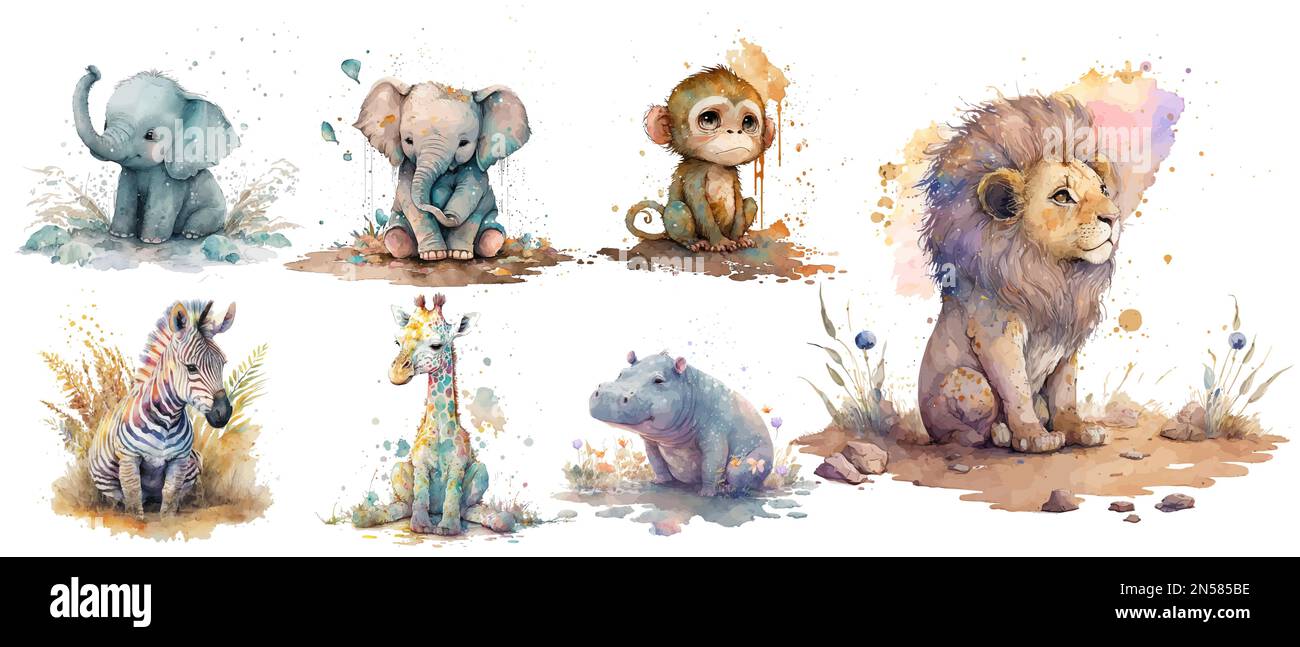 Safari Animal set elephant, monkey, giraffe, hippo, zebra, lion in ...