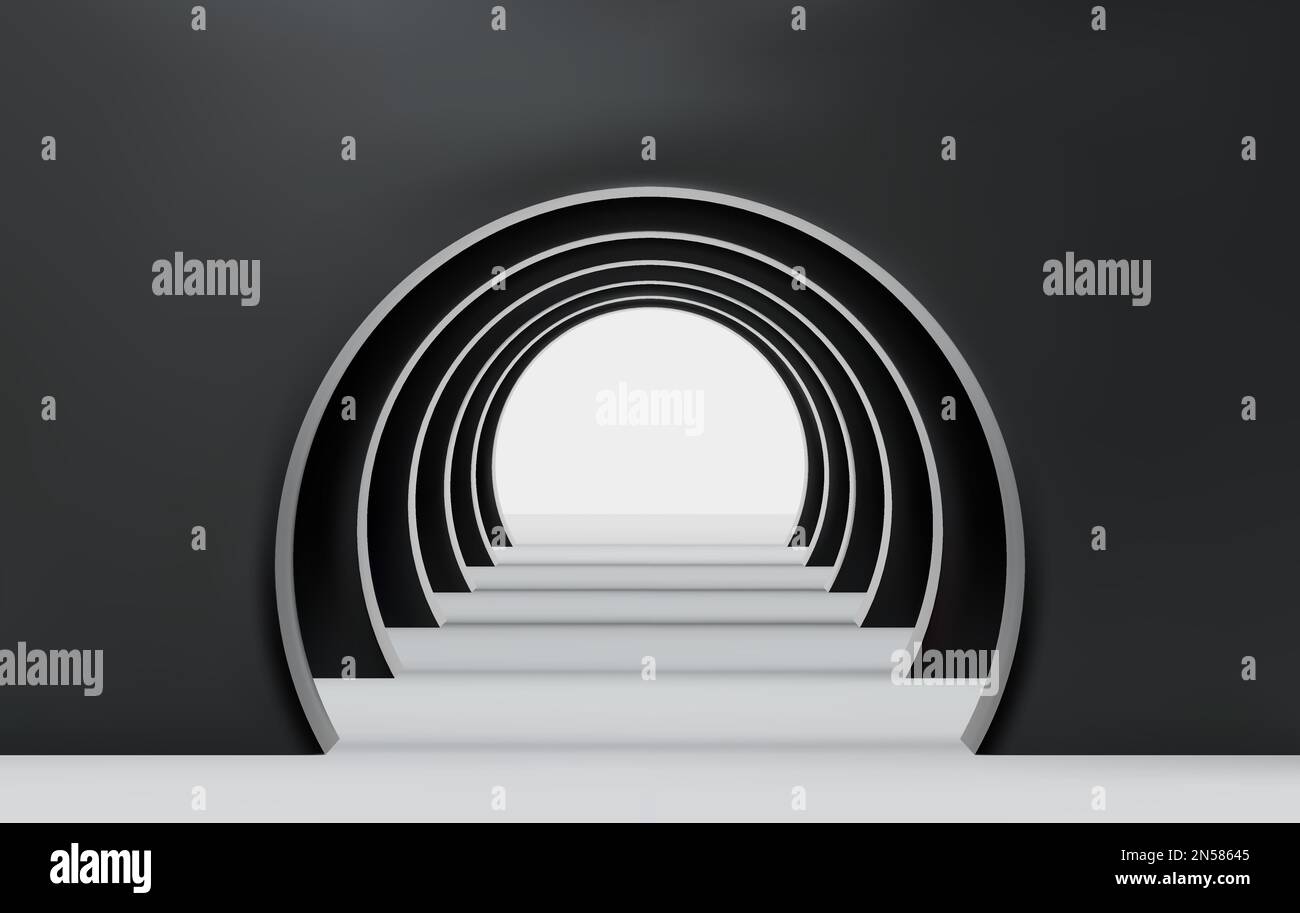 Emptyblack corridor of several round arches in perspective with walls ...