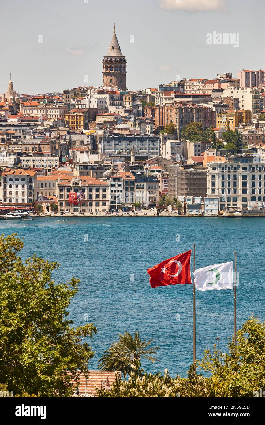 Galata tower and bosphorus strait in Istanbul cityscape. Turkey Stock ...