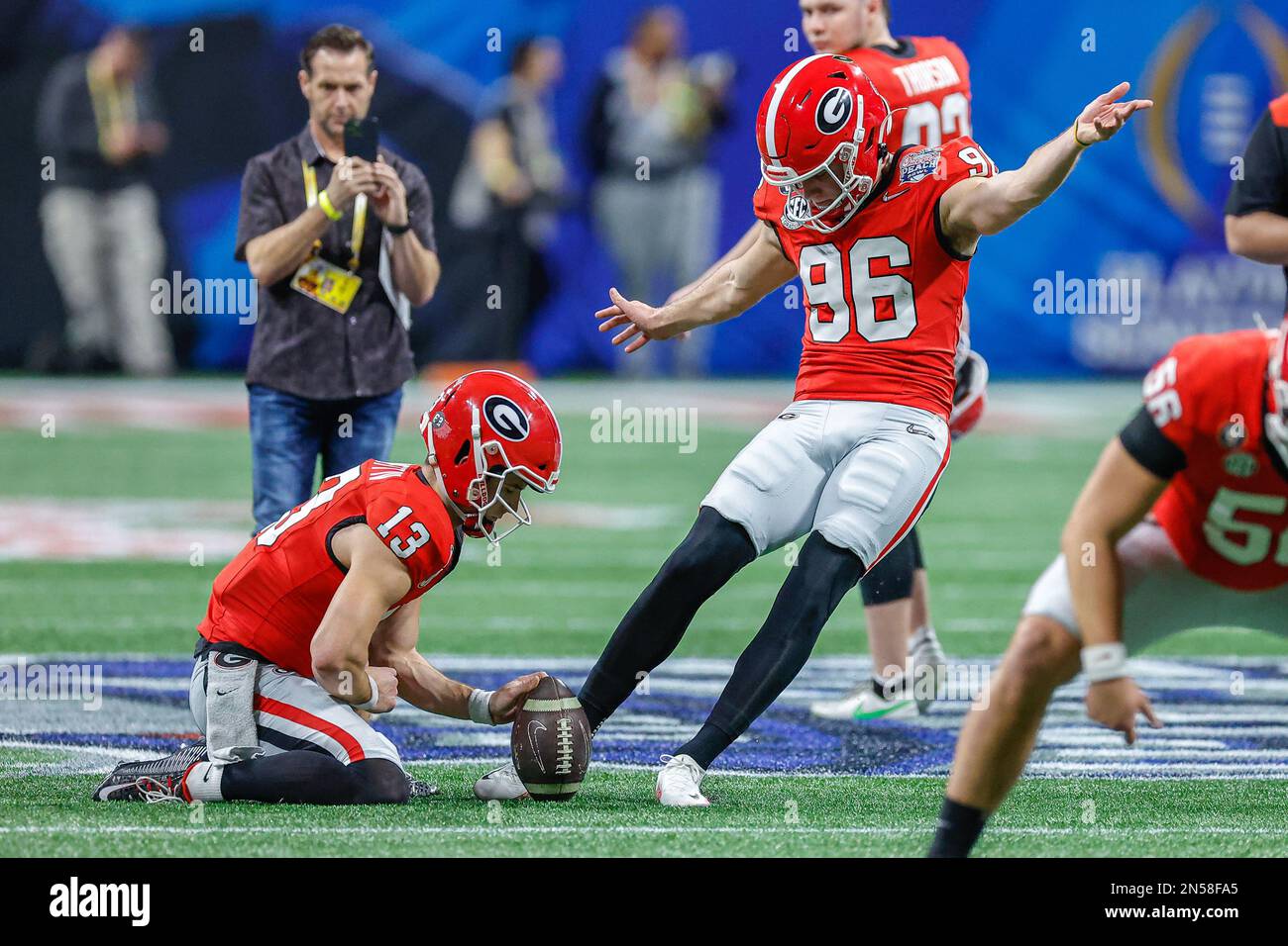 December 31, 2022: Georgia's Jack Podlesny (96) warms up prior to the Chick-fil-A Peach Bowl (a ...