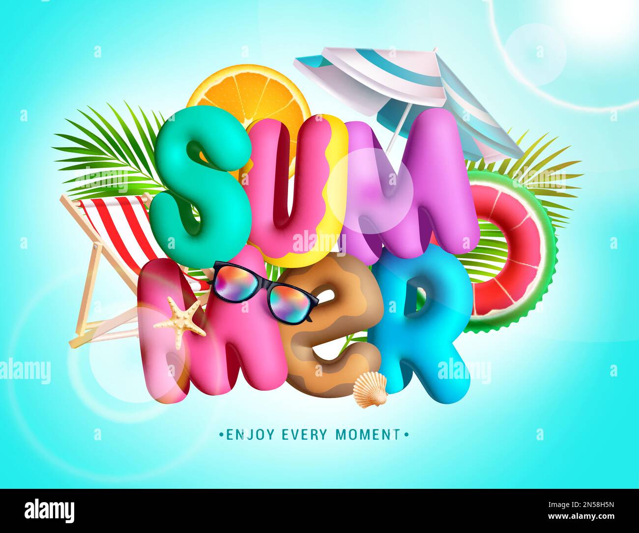 Summer 3d text vector design. Summer colorful font letter with beach ...