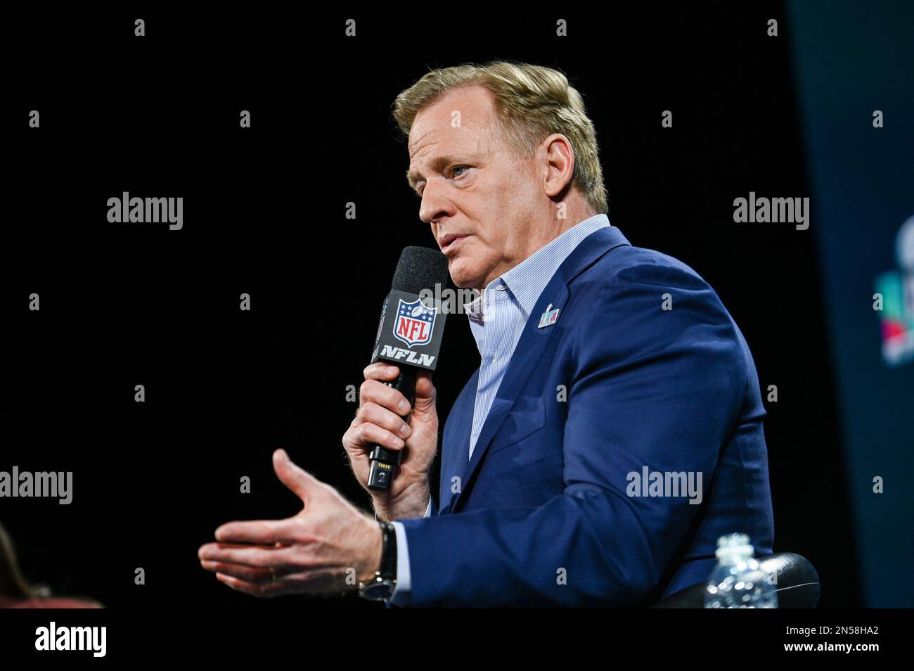 Commissioner Roger Goodell speaks at the Super Bowl LVII press ...