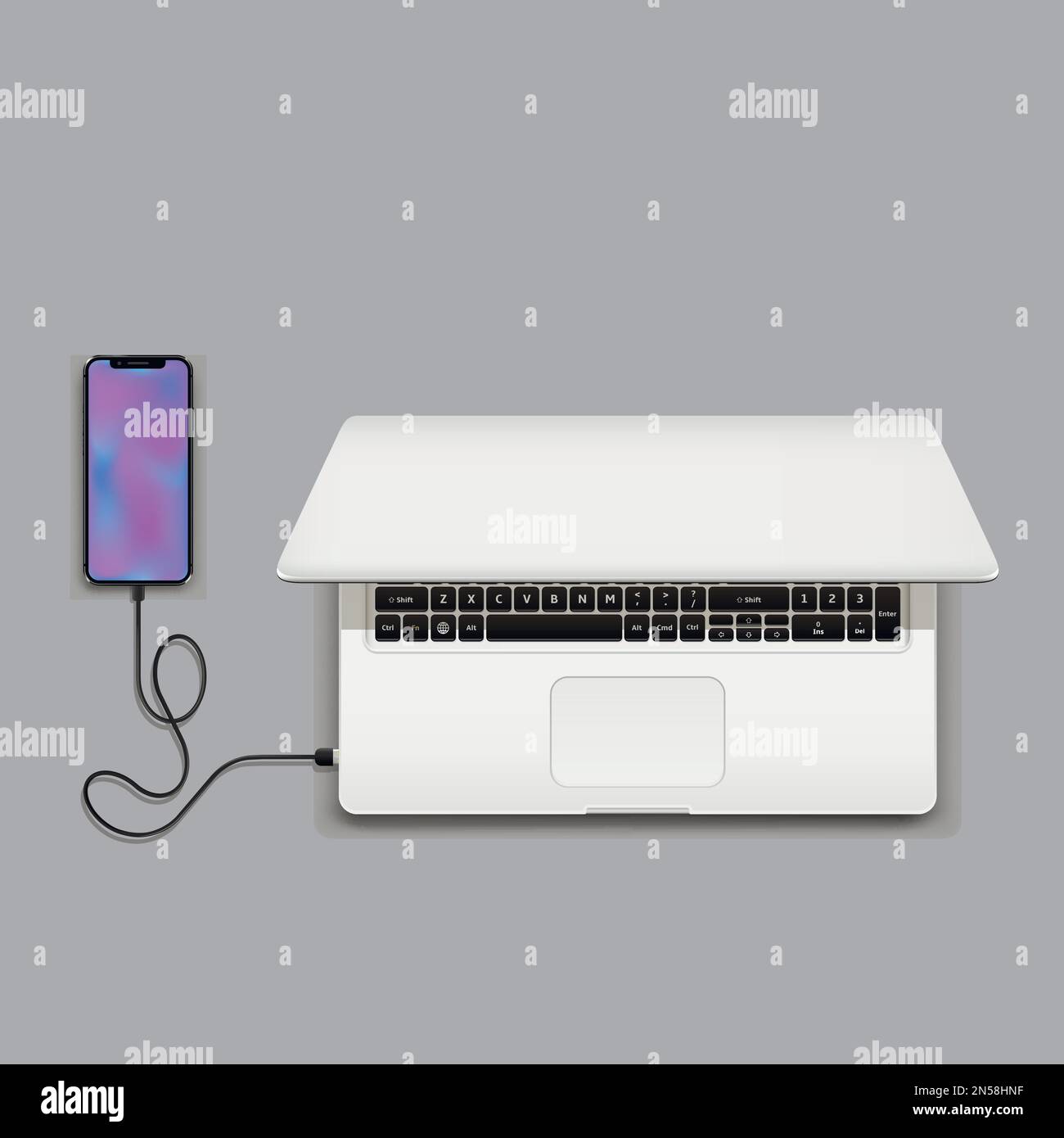 Smartphone connected to laptop via USB cable. Vector illustration Stock ...