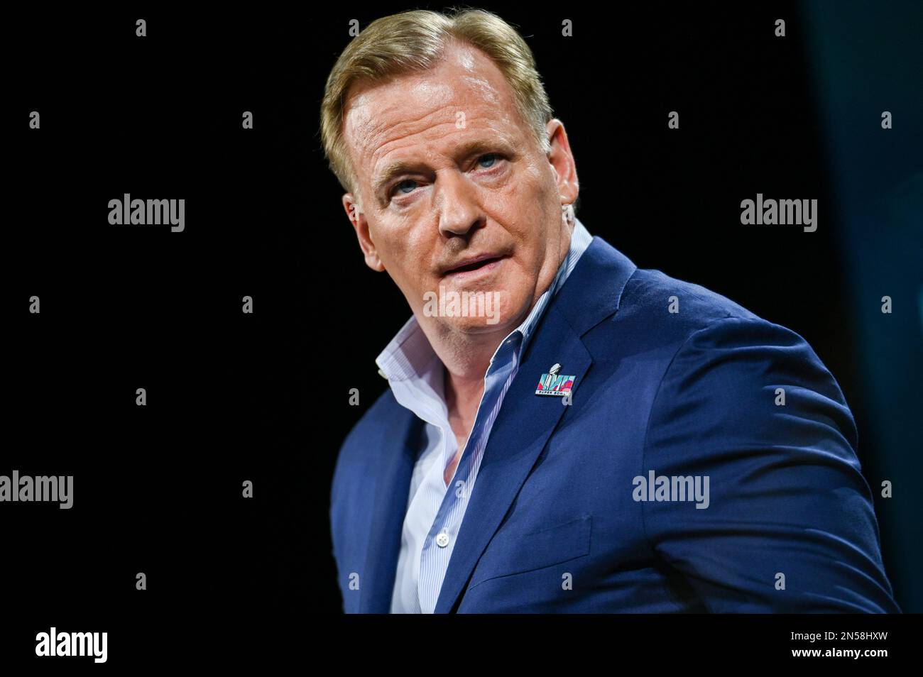 Commissioner Roger Goodell speaks at the Super Bowl LVII press ...