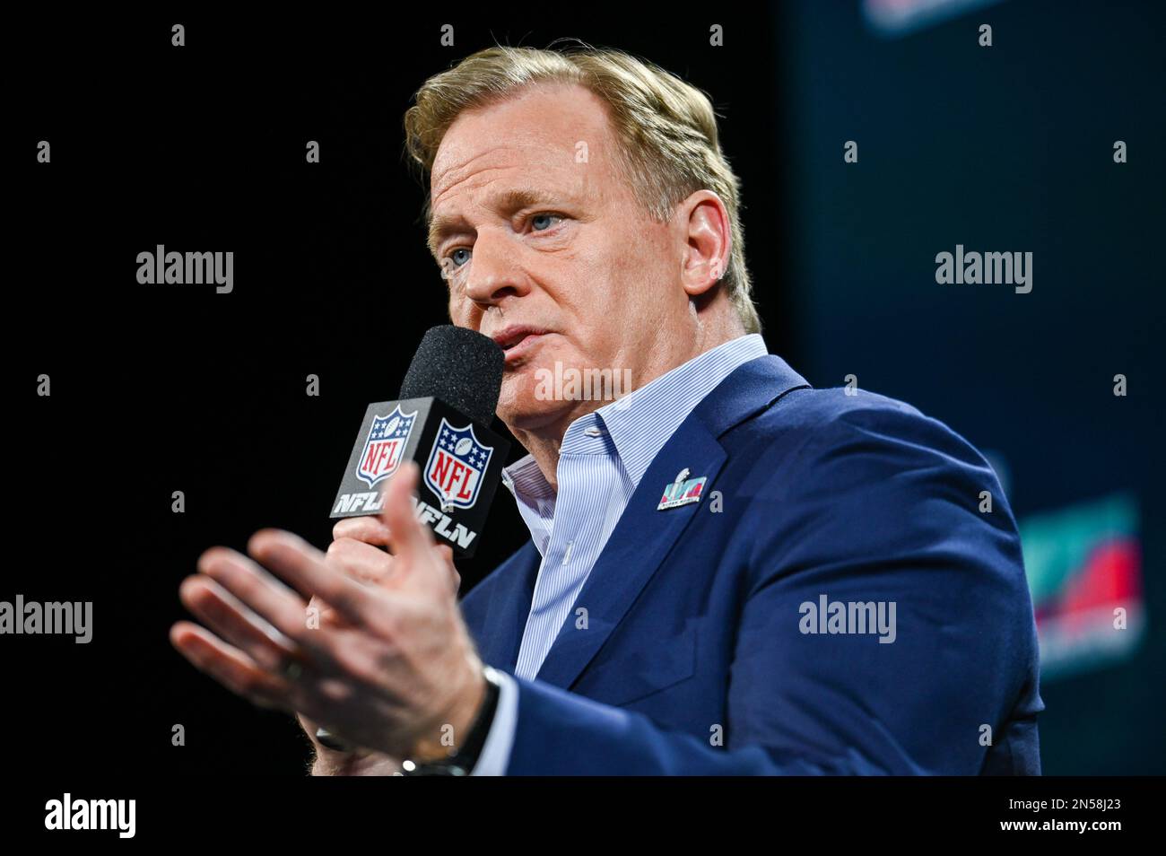 Commissioner Roger Goodell speaks at the Super Bowl LVII press ...