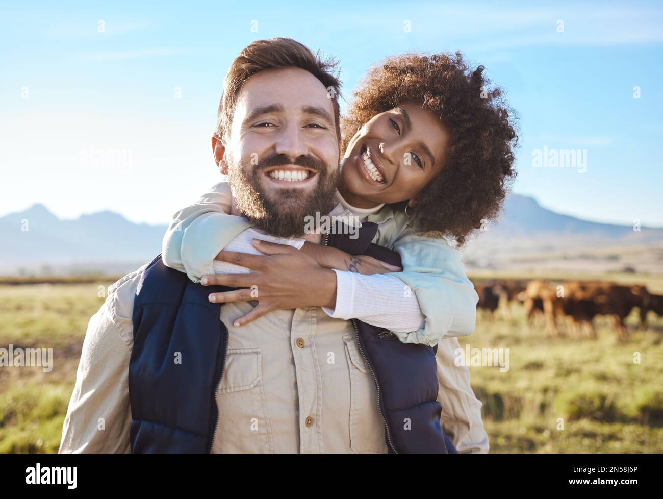 Happy, cow and portrait of couple on farm for agriculture, nature and ...