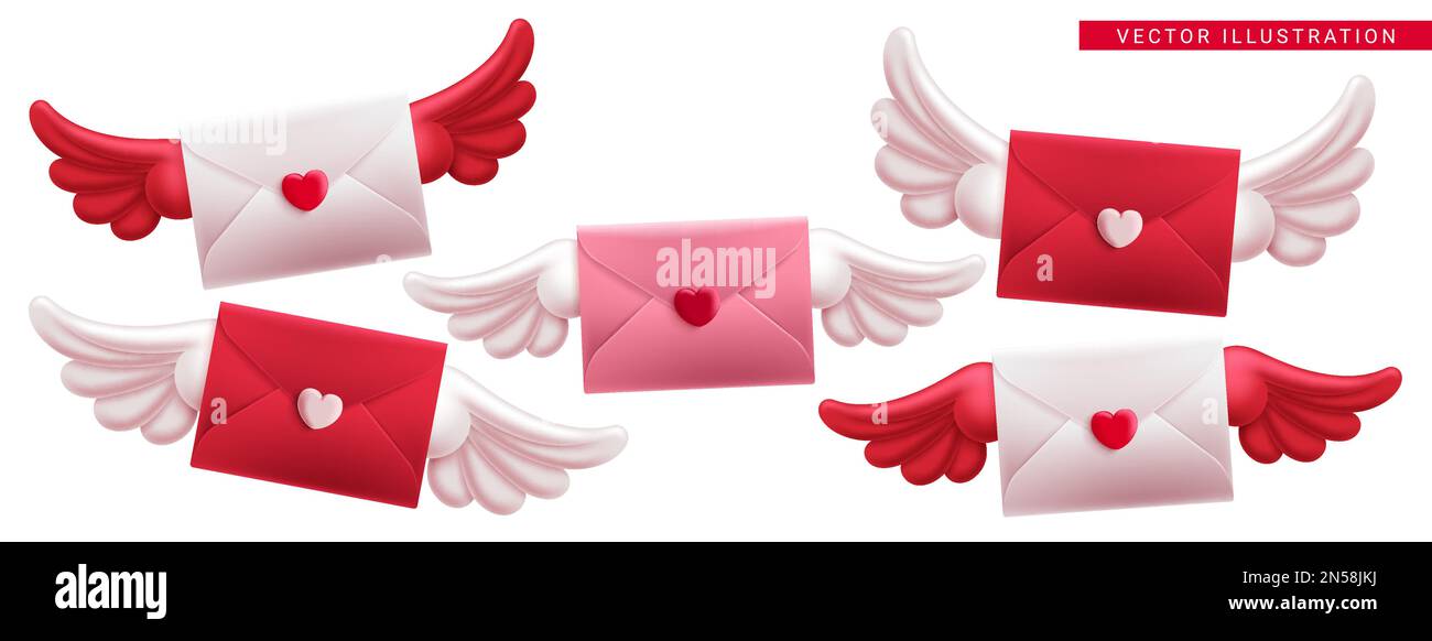 Valentine's love letter vector set design. Valentine's day love letter envelope flying with ...