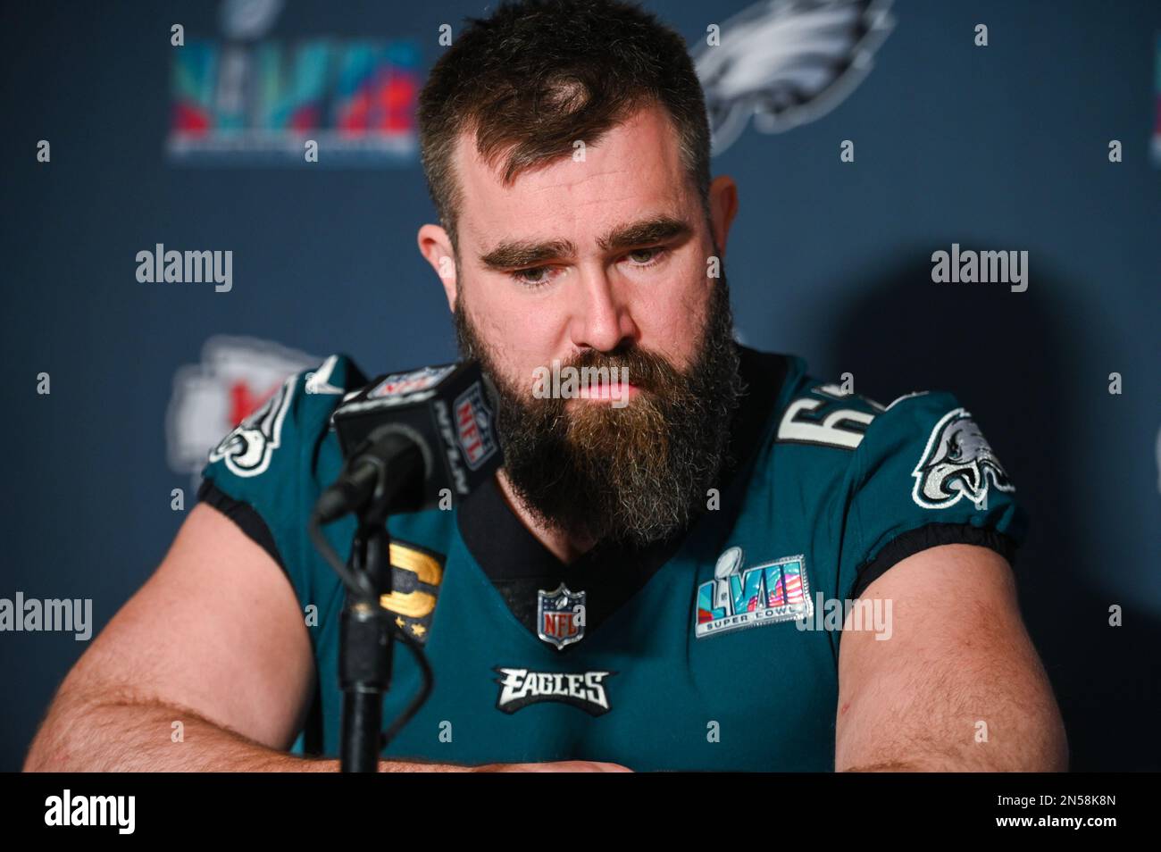Philadelphia Eagles center Jason Kelce speaks during a press conference at the Sheraton Grand at ...