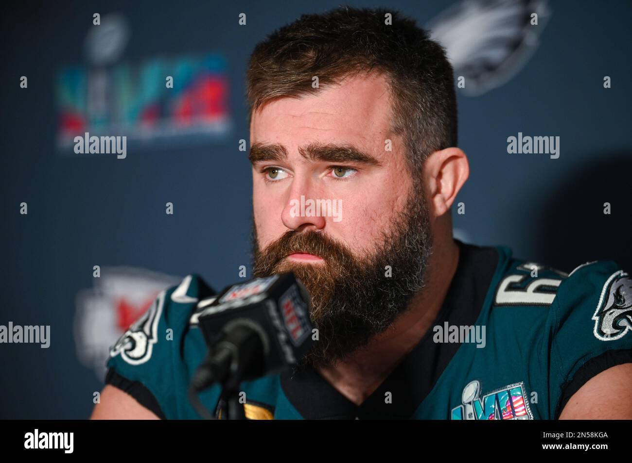 Philadelphia Eagles center Jason Kelce speaks during a press conference ...