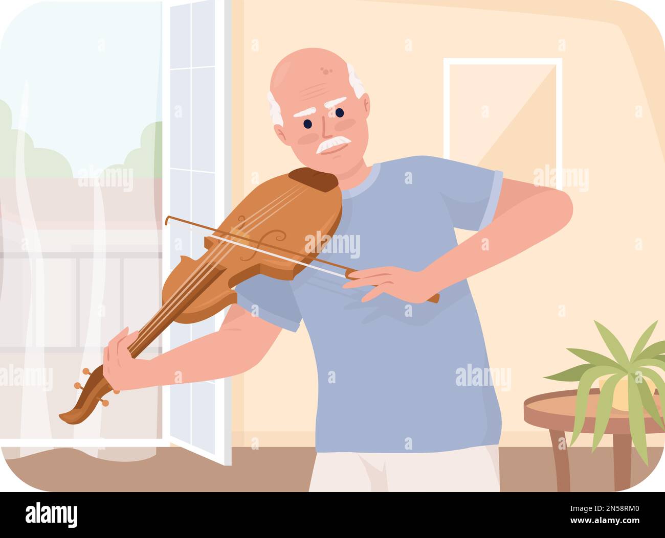 Senior citizen learning musical instrument 2D vector isolated ...