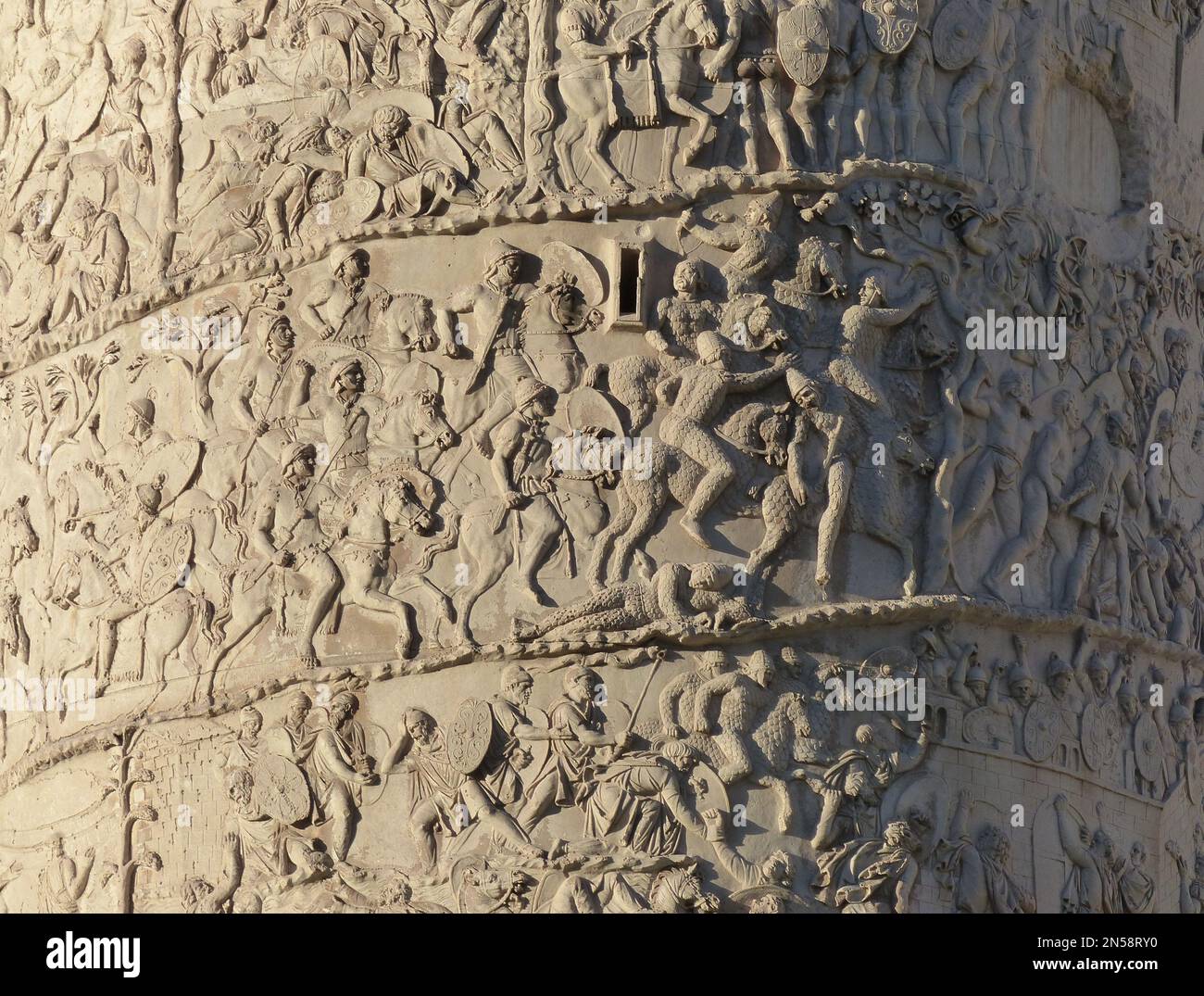 A closeup of the Marcus Aurelius Column with numerous small sculptures ...