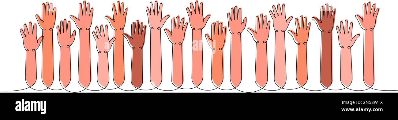 Raised hands one line colored continuous drawing. Applaud hands ...