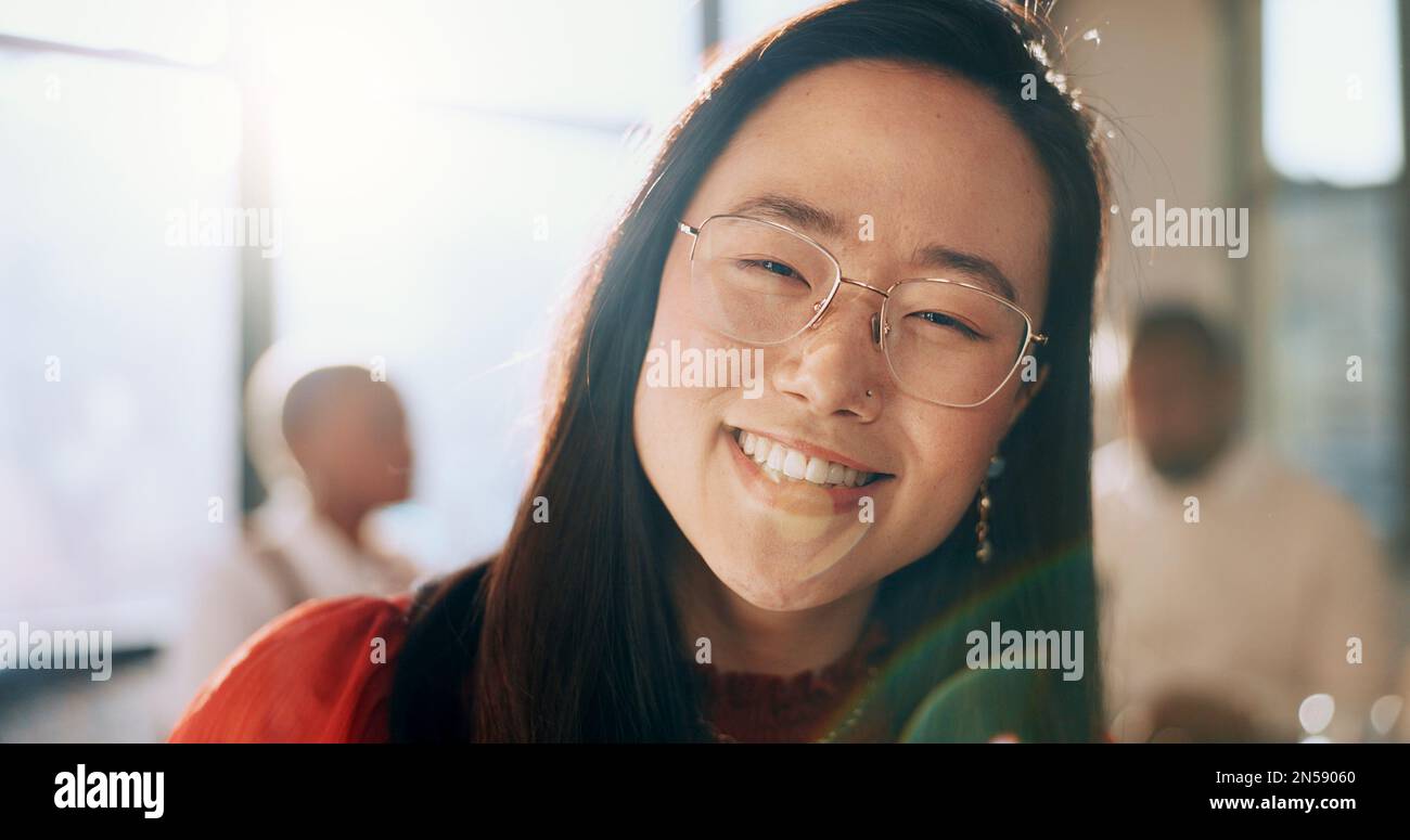 Face, portrait or woman in a meeting with a happy smile, motivation or ...
