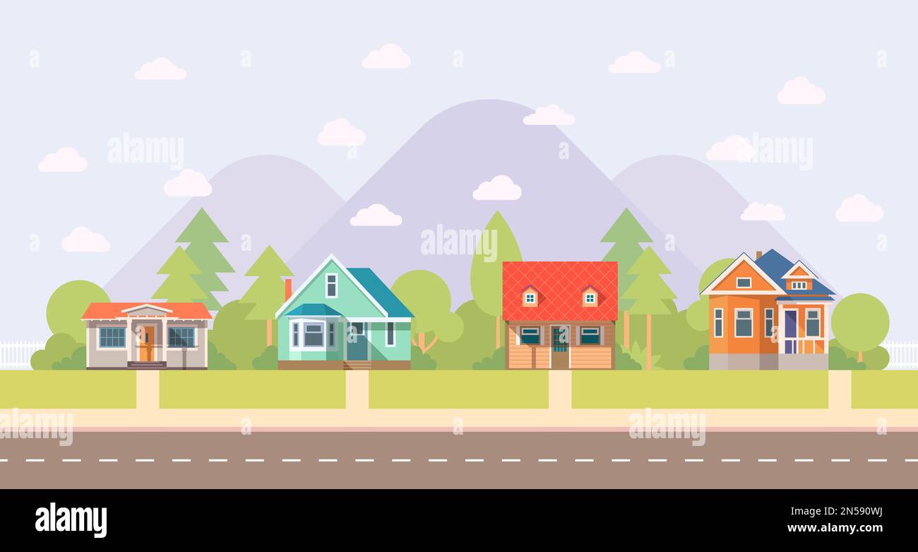 Landscape houses on the background of mountains in cartoon style for ...