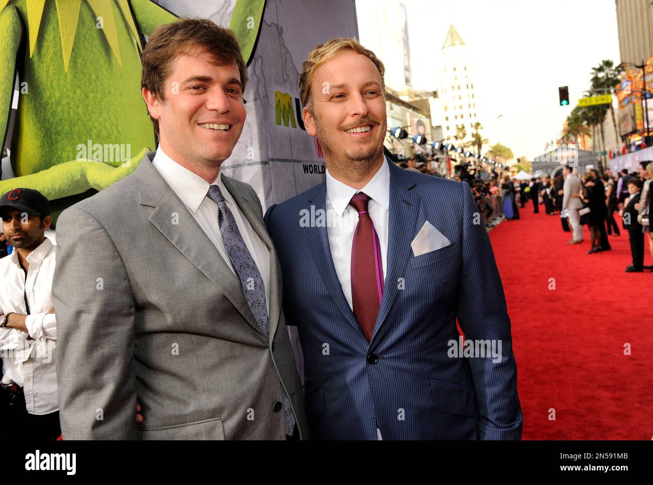 James Bobin, right, director/co-writer of "Muppets Most Wanted," poses ...