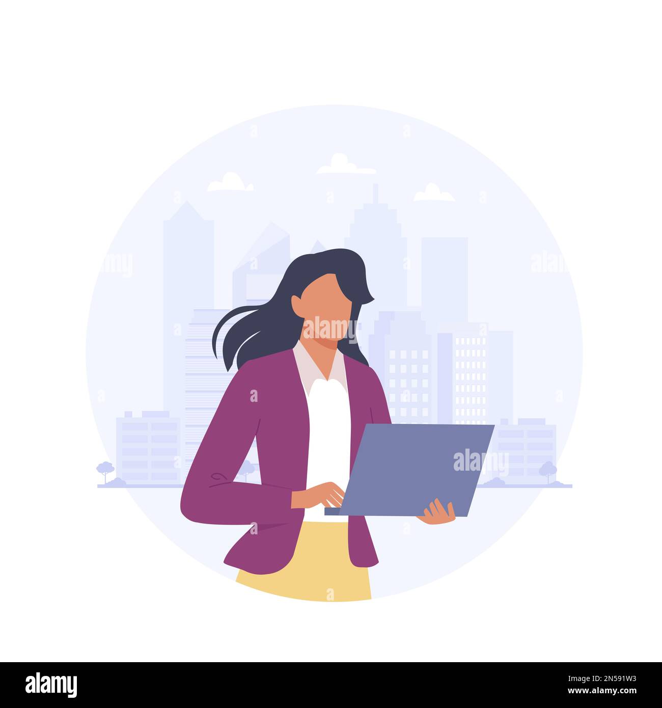 Busy woman with laptop on the city background. Office administrative ...