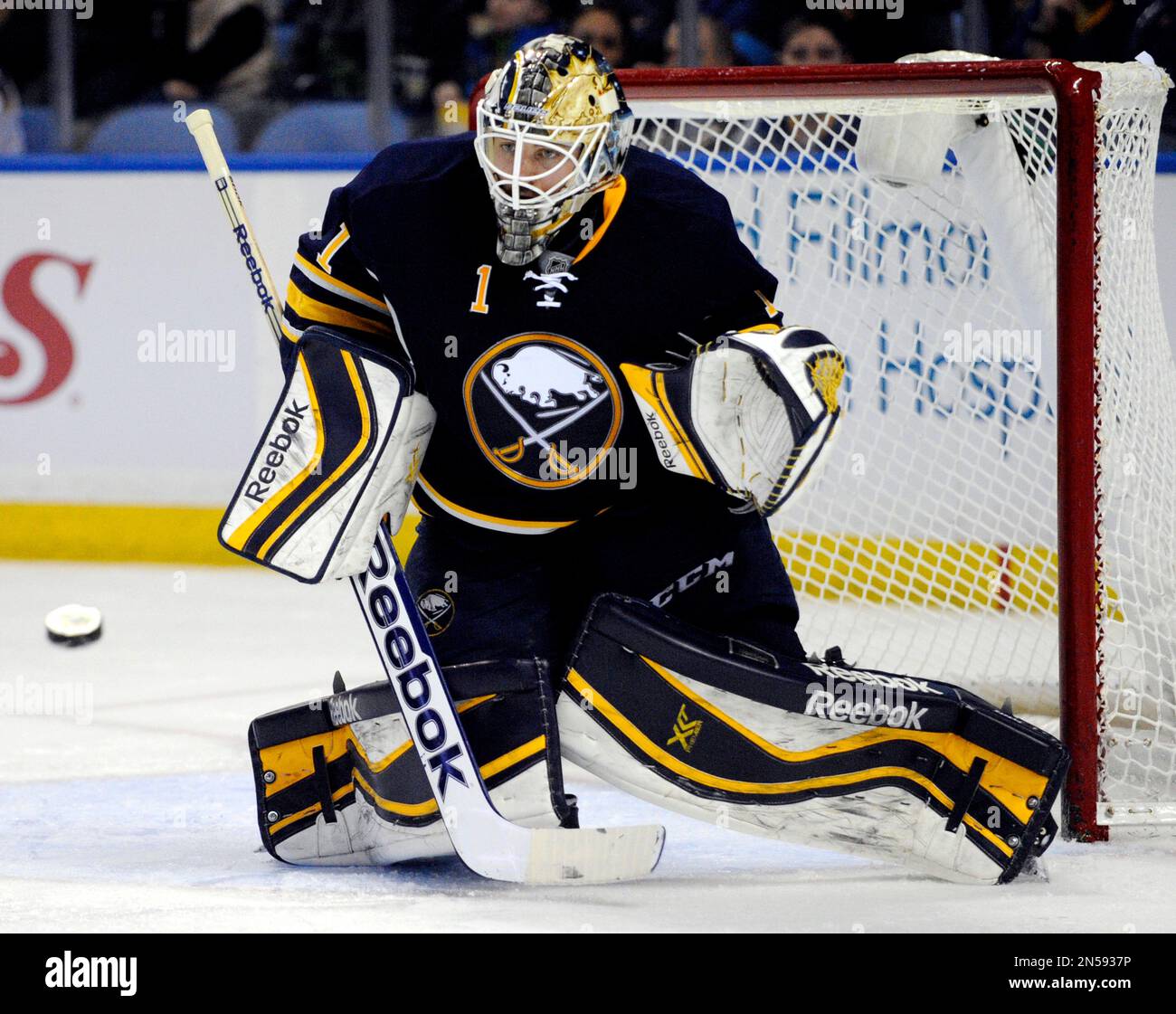 Buffalo Sabres goaltender Jhonas Enroth, of Sweden, watches an incoming ...